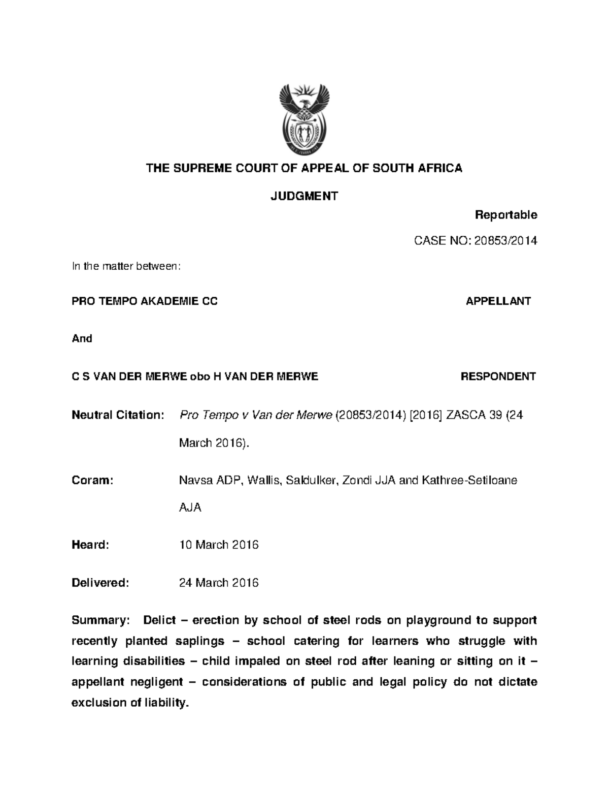 39 - case law - THE SUPREME COURT OF APPEAL OF SOUTH AFRICA JUDGMENT ...