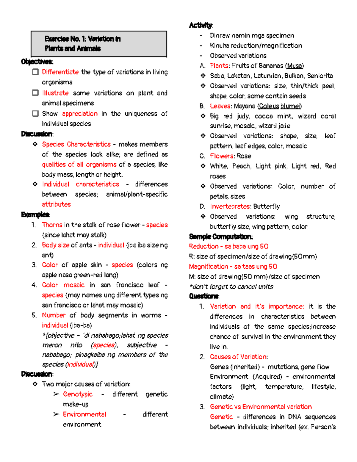 Lab M1 M4 Midterms Genetics Exercise No 1 Variation In Plants And