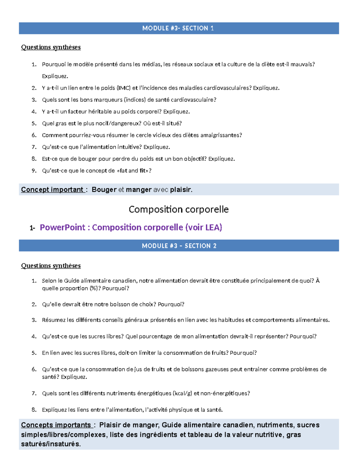 Notes de cours 3 H24 - MODULE #3- SECTION 1 Questions synthèses 1 ...