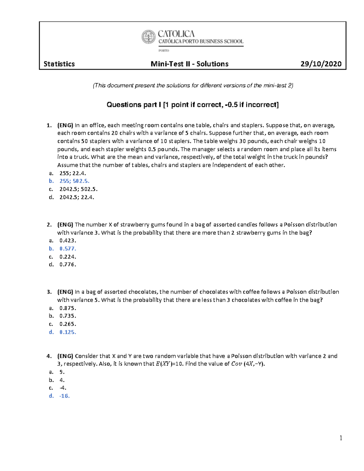 Mini Test 2 - mini teste - Statistics Mini-Test II - Solutions 29/10 ...