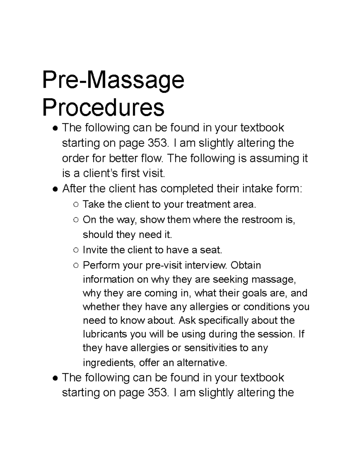 Pre Massage Procedures Pre Massage Procedures The Following Can Be Found In Your Textbook
