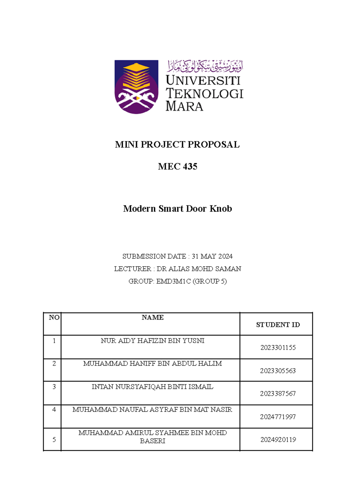 MINI Project Proposal - MINI PROJECT PROPOSAL MEC 435 Modern Smart Door ...