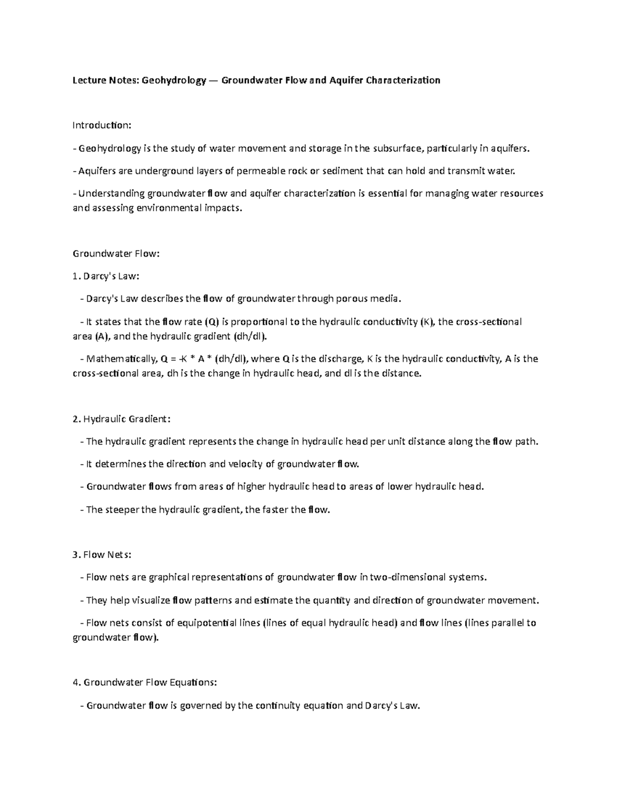 Lecture Notes: Geohydrology — Groundwater Flow and Aquifer ...