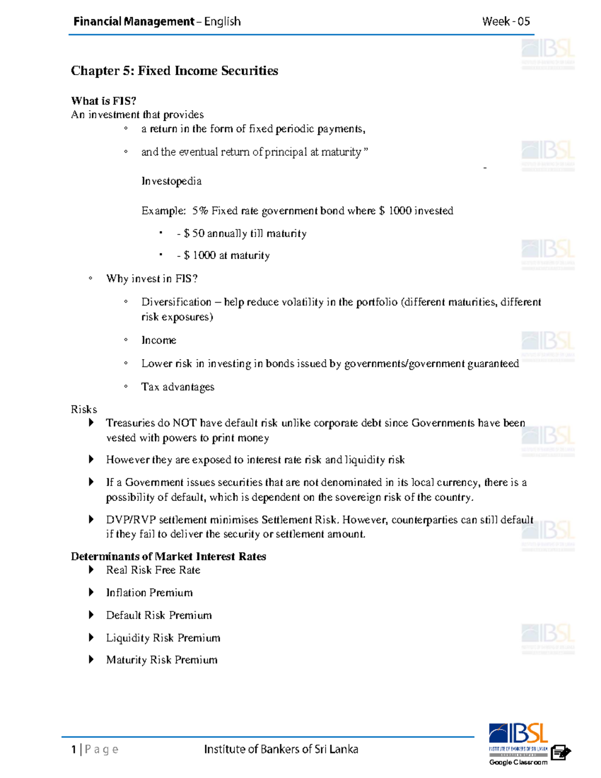 D02-E-201-N-Week 5 - BANKING NOTES - Chapter 5: Fixed Income Securities ...