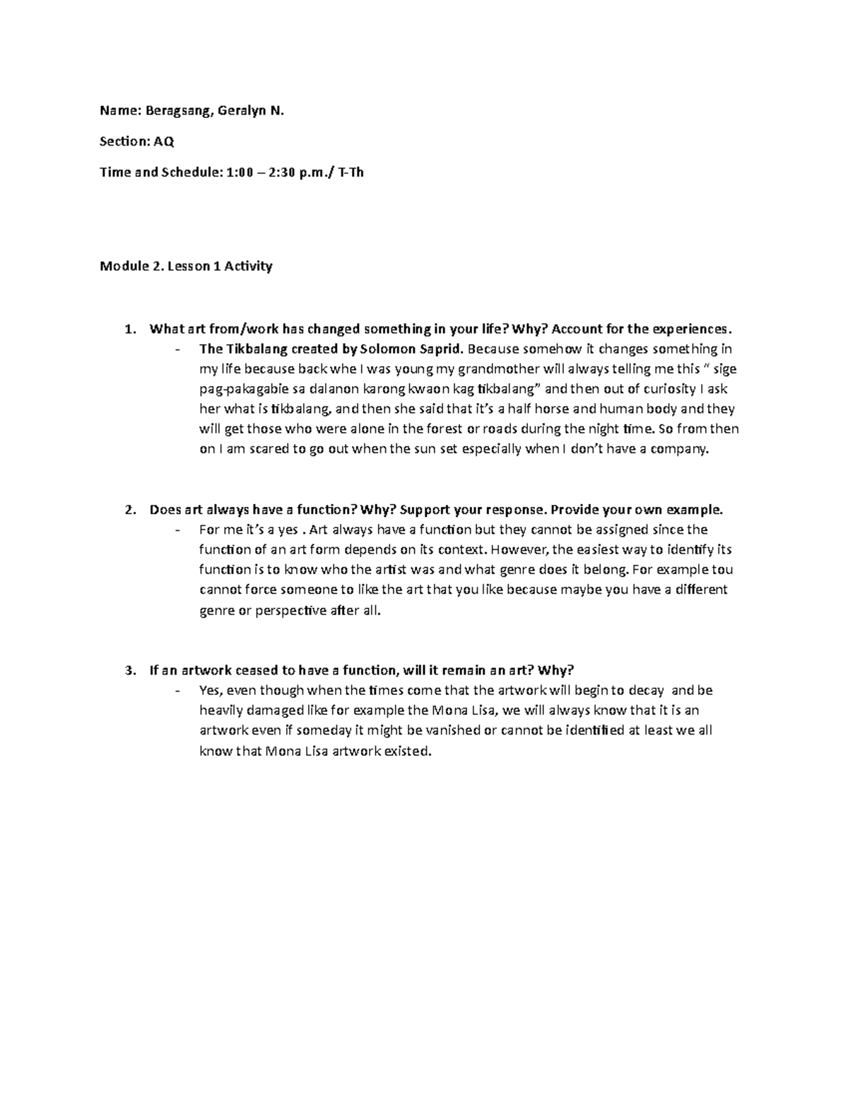 GE6 module 2. lesson 1 - Notes - Name: Beragsang, Geralyn N. Section ...