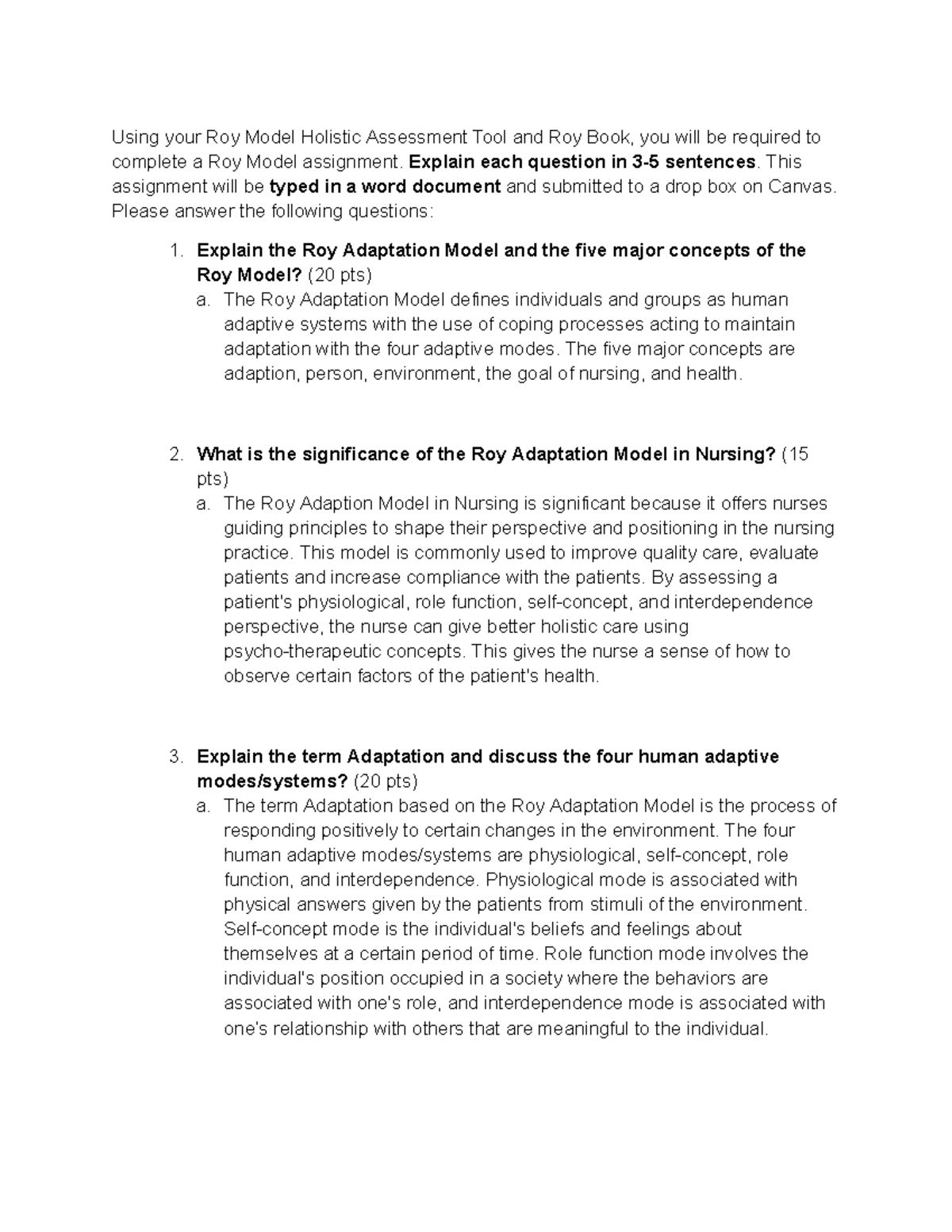 Roy Model Holistic Assessment Tool - Explain each question in 3-5 ...