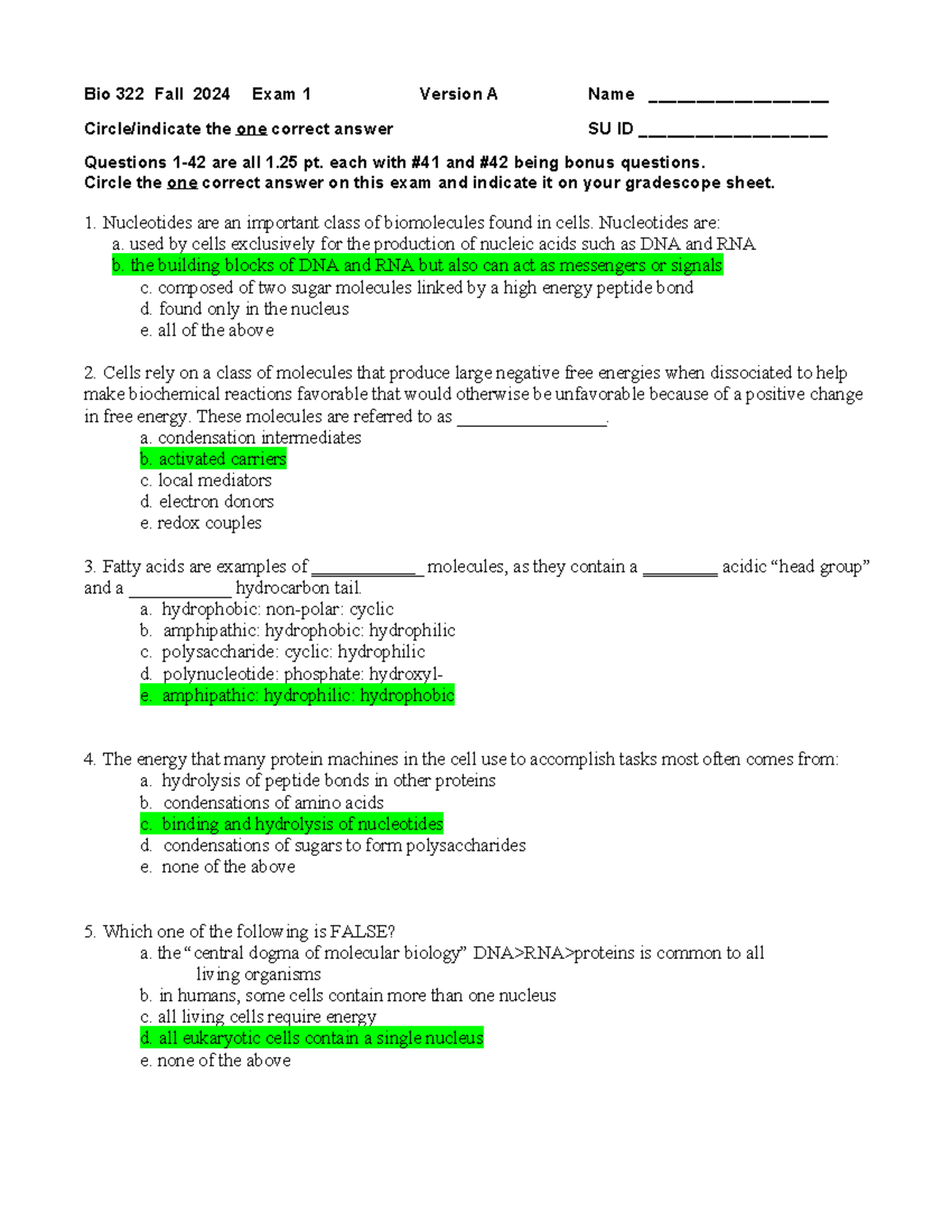 322 Exam 1 Fall 24 KEY - Bio 322 Fall 2024 Exam 1 Version A Name ...