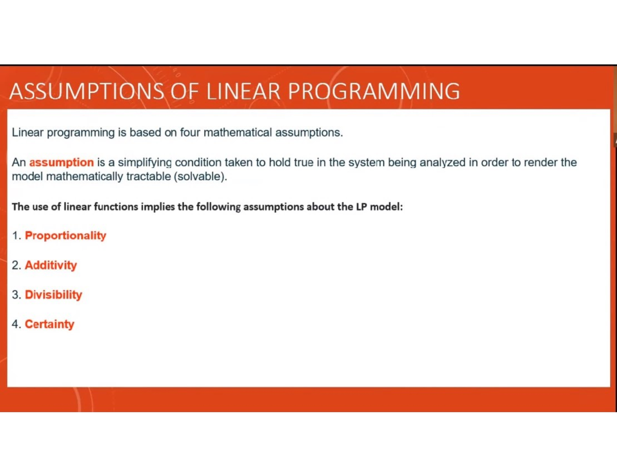 4. assumptions of LP model - Bachelor Science in Computer Science - Studocu