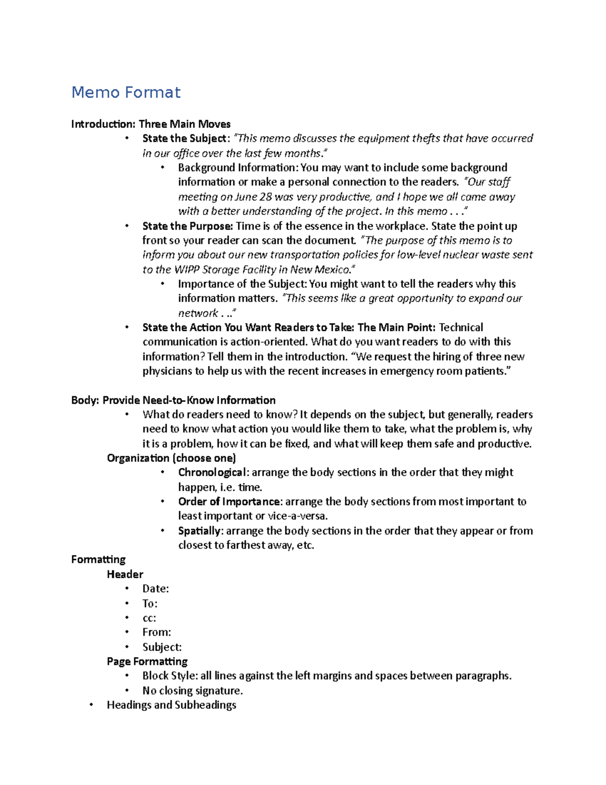 Memo Format - English - Memo Format Introduction: Three Main Moves ...