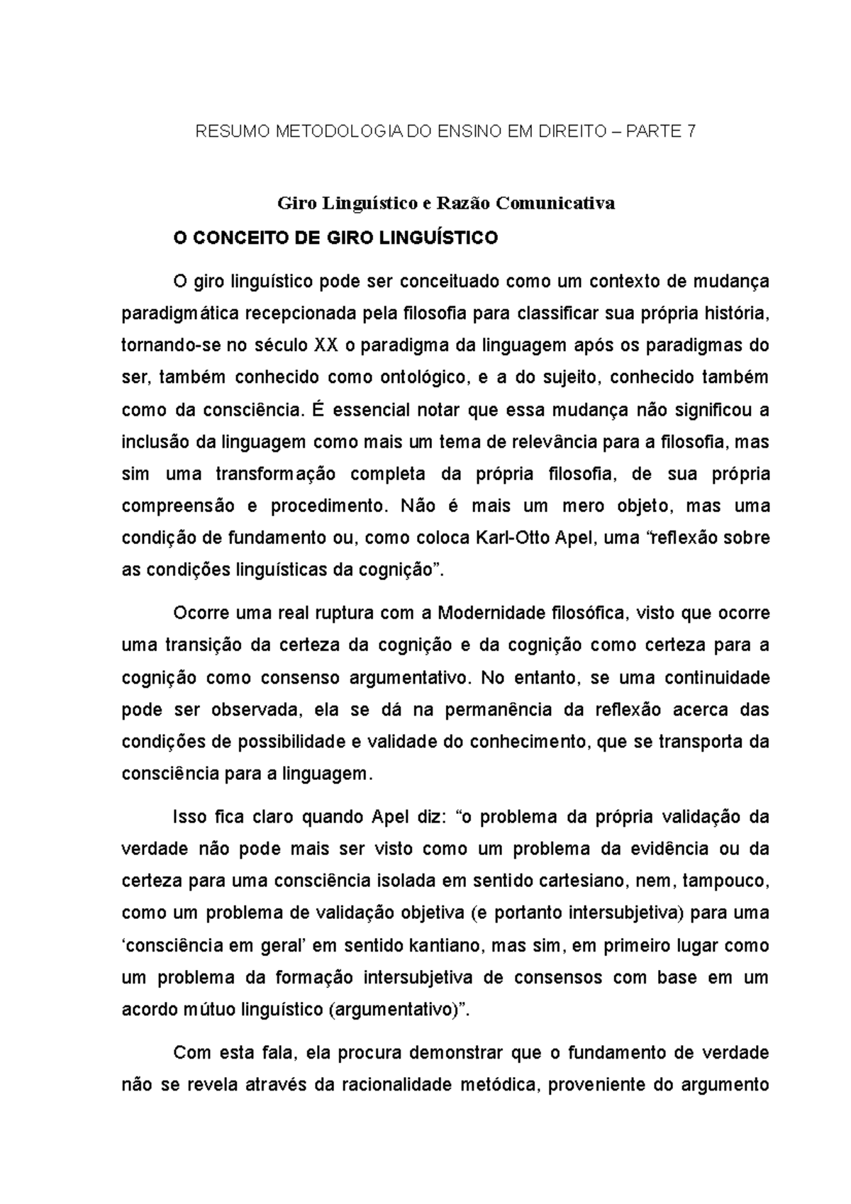 Giro Linguístico e Razão Comunicativa - RESUMO METODOLOGIA DO ENSINO EM ...
