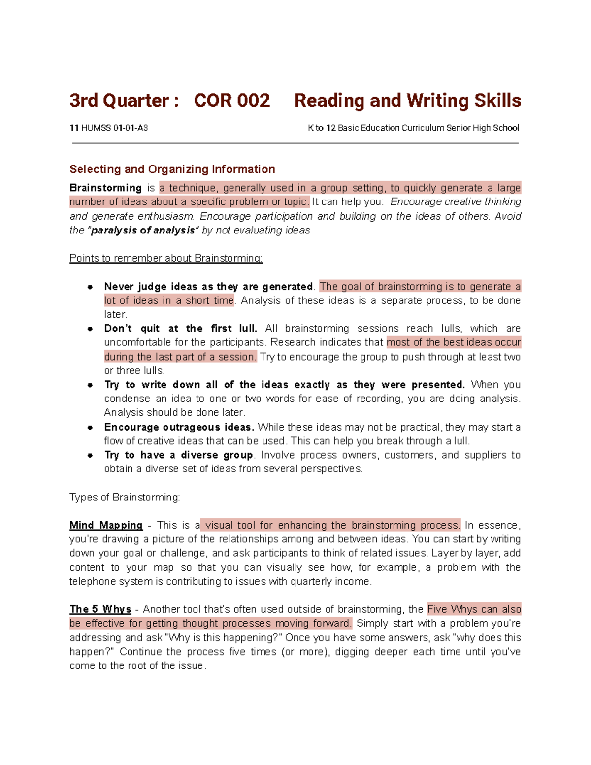( Notes) COR 002 Reading and Writing Skill - 3rd Quarter : COR 002 ...