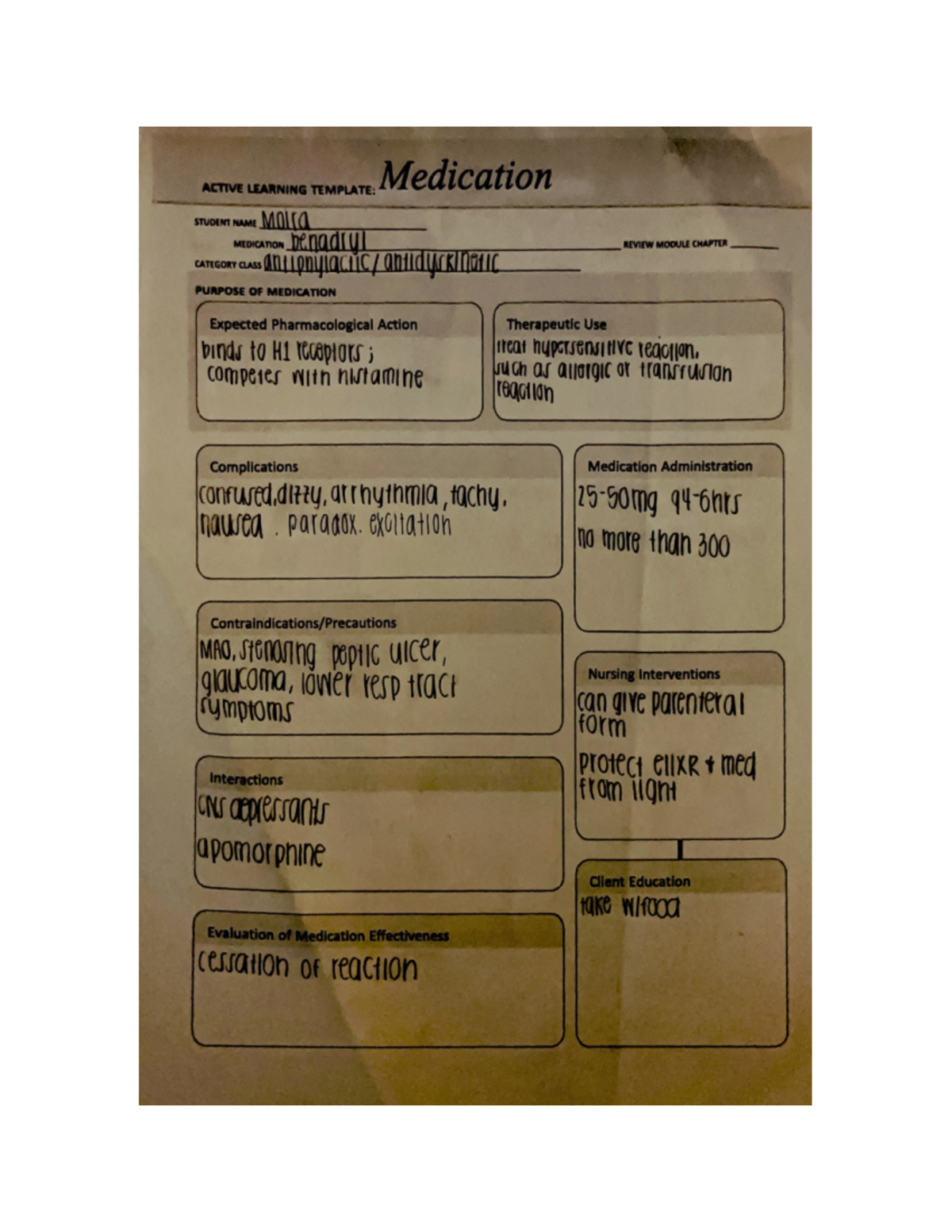 Benadryl - ati med template - NUR 324 - Studocu