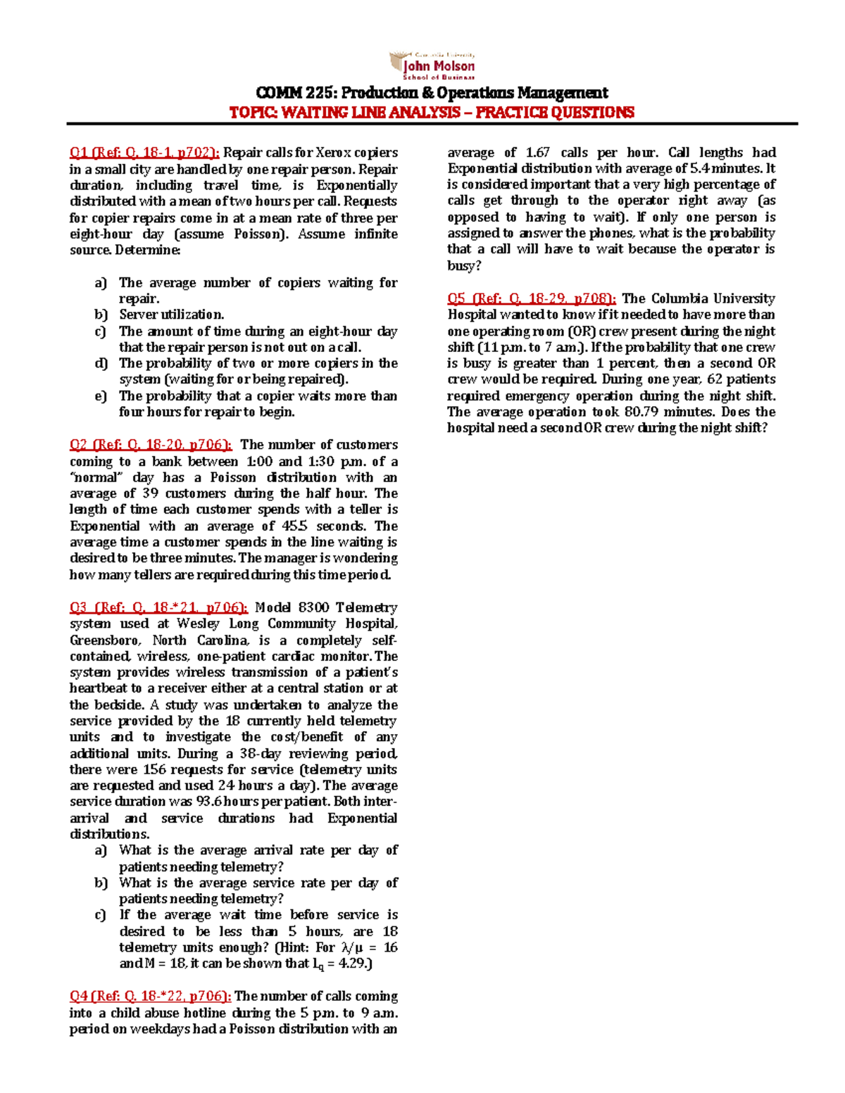 Waiting Line Analysis Questions (Practice) - COMM 225 : Production ...