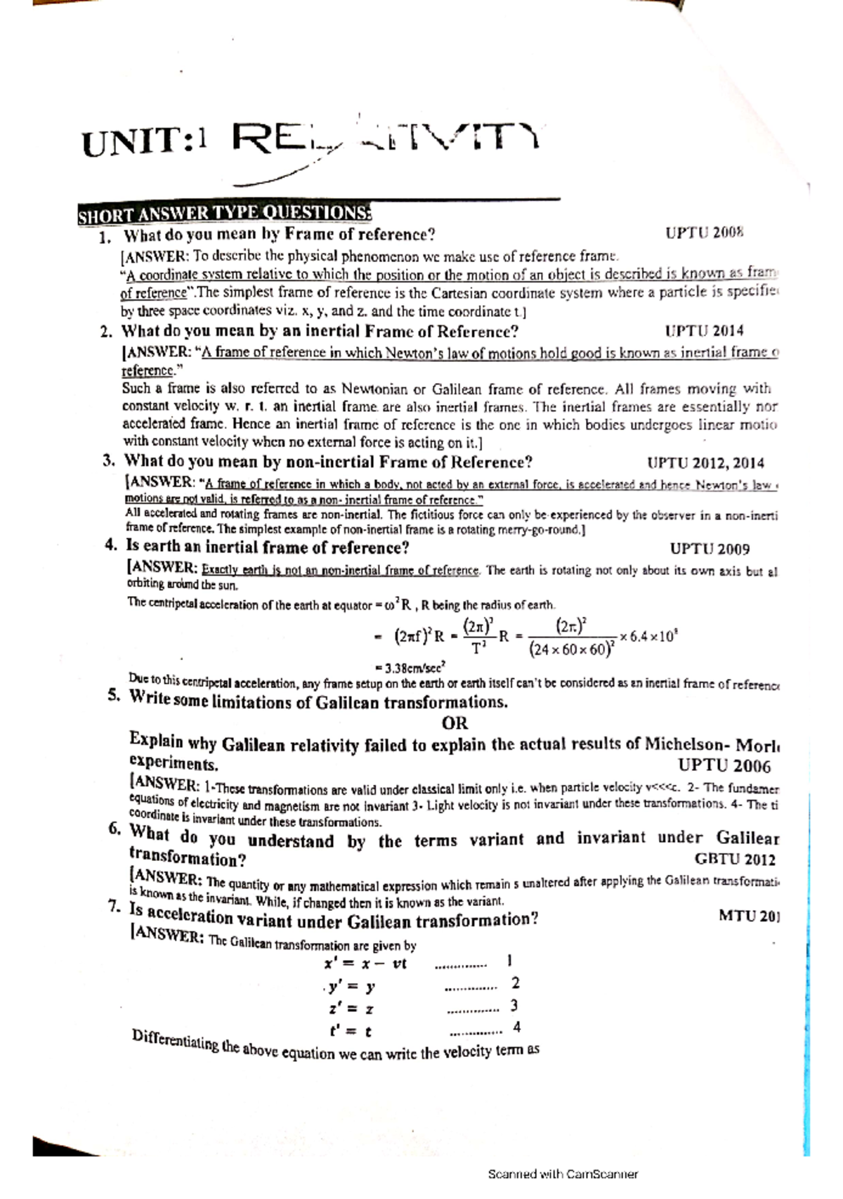 U 1 Special theory of relativity - UNIT:1 RE ATIVITY SHORT ANSWER TYPE QUESTIONS: 1. What do you ...