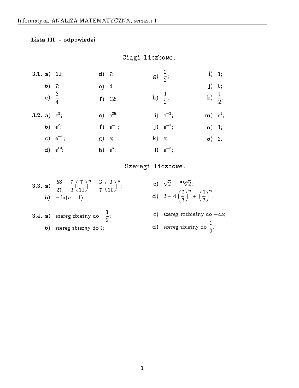 Analiza Matematyczna ćwiczenia Lista 3-odpowiedzi - Informatyka, ANALIZA MATEMATYCZNA, semestr I ...