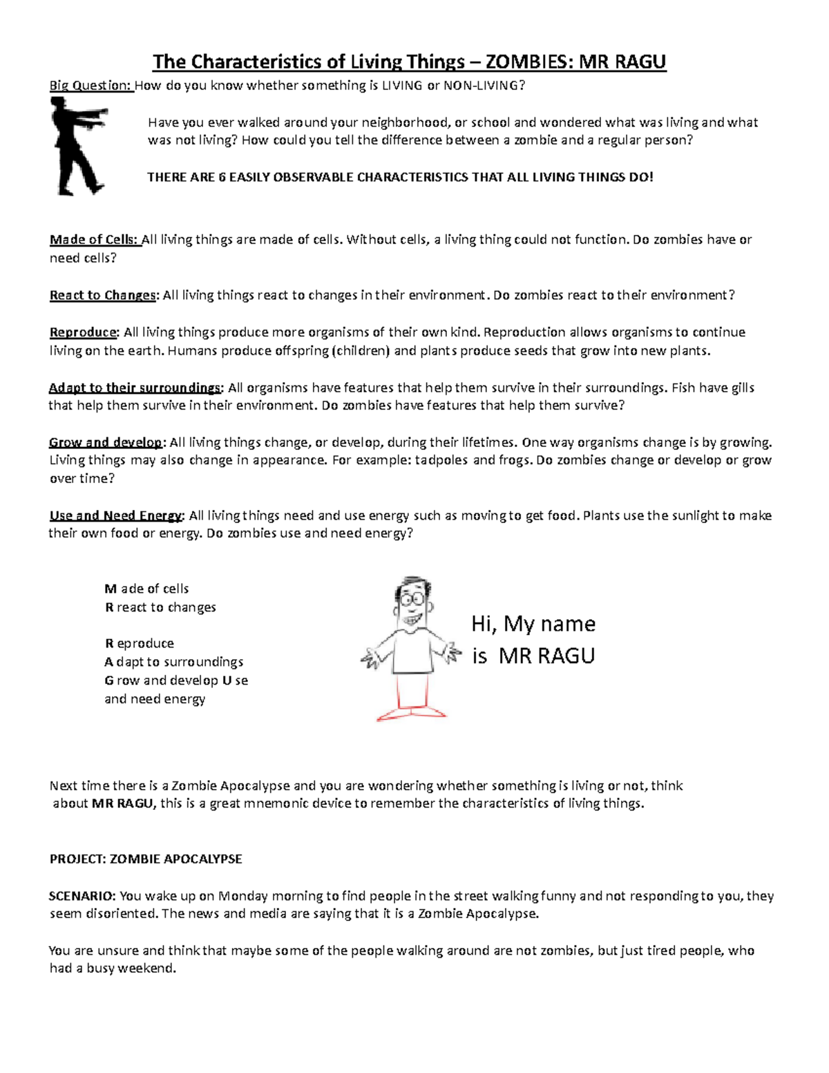Zombie vs. Characteristics of Living things- Sample Key - Student ...