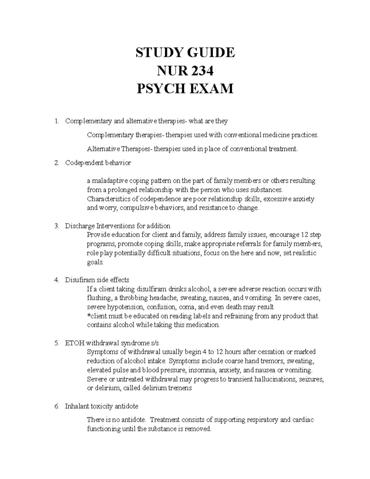 Psych study guide - STUDY GUIDE NUR 234 PSYCH EXAM Complementary and ...