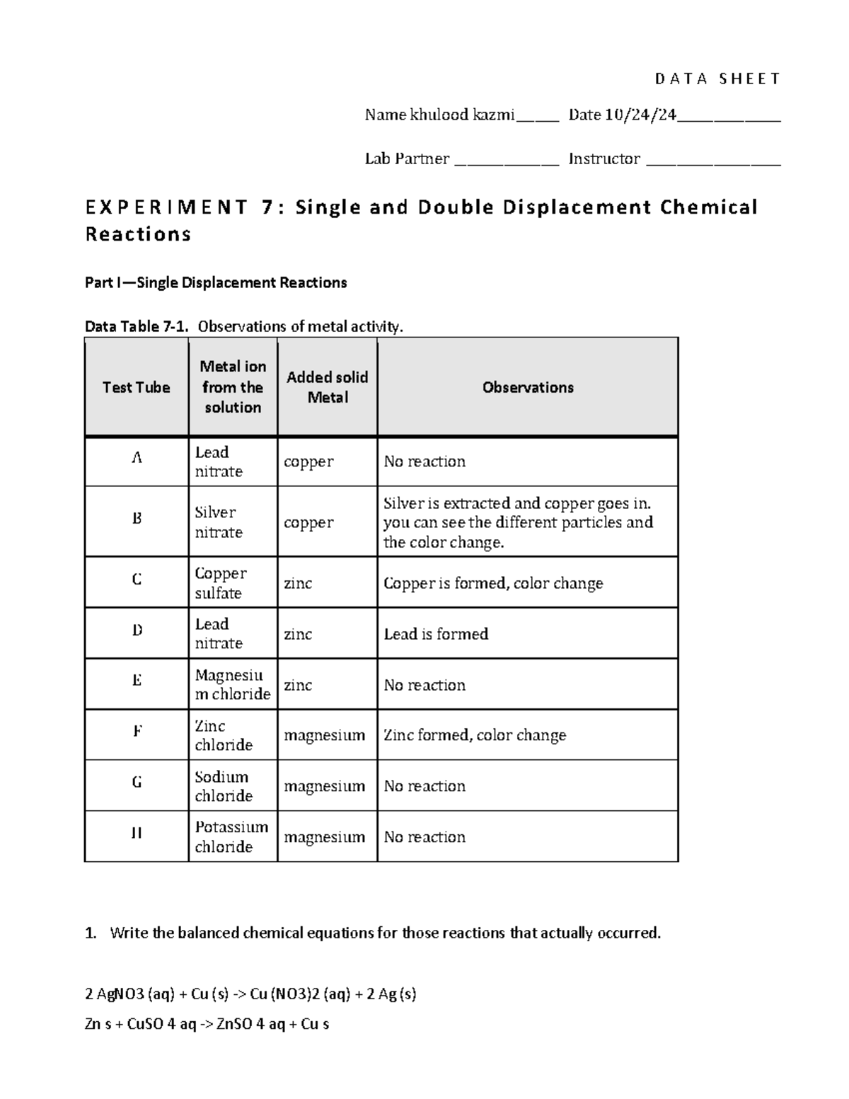 CHM1045L Exp 7 DATA Sheet - D A T A S H E E T Name khulood kazmi ...