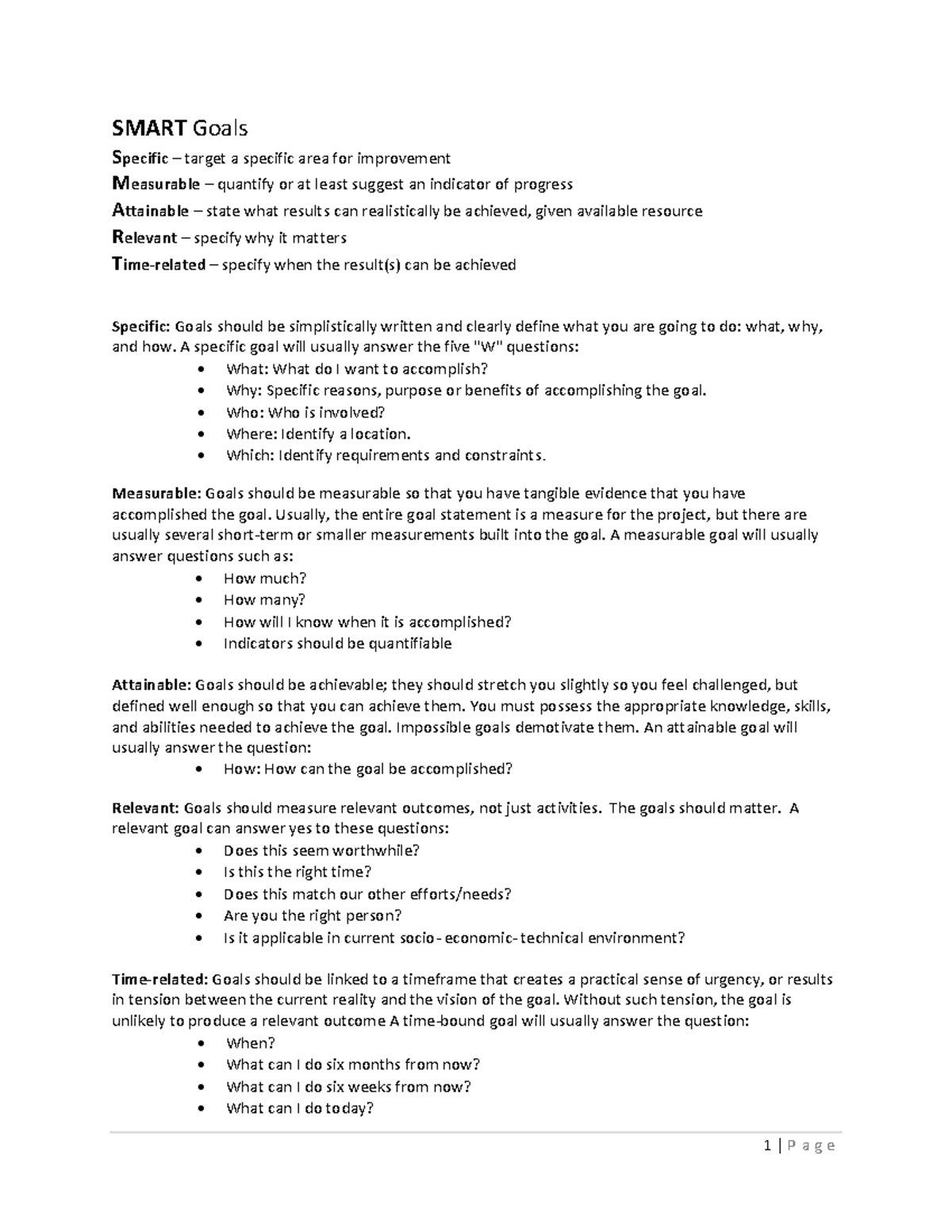 Smart Goals - *Adapted from document by University of Virginia SMART ...
