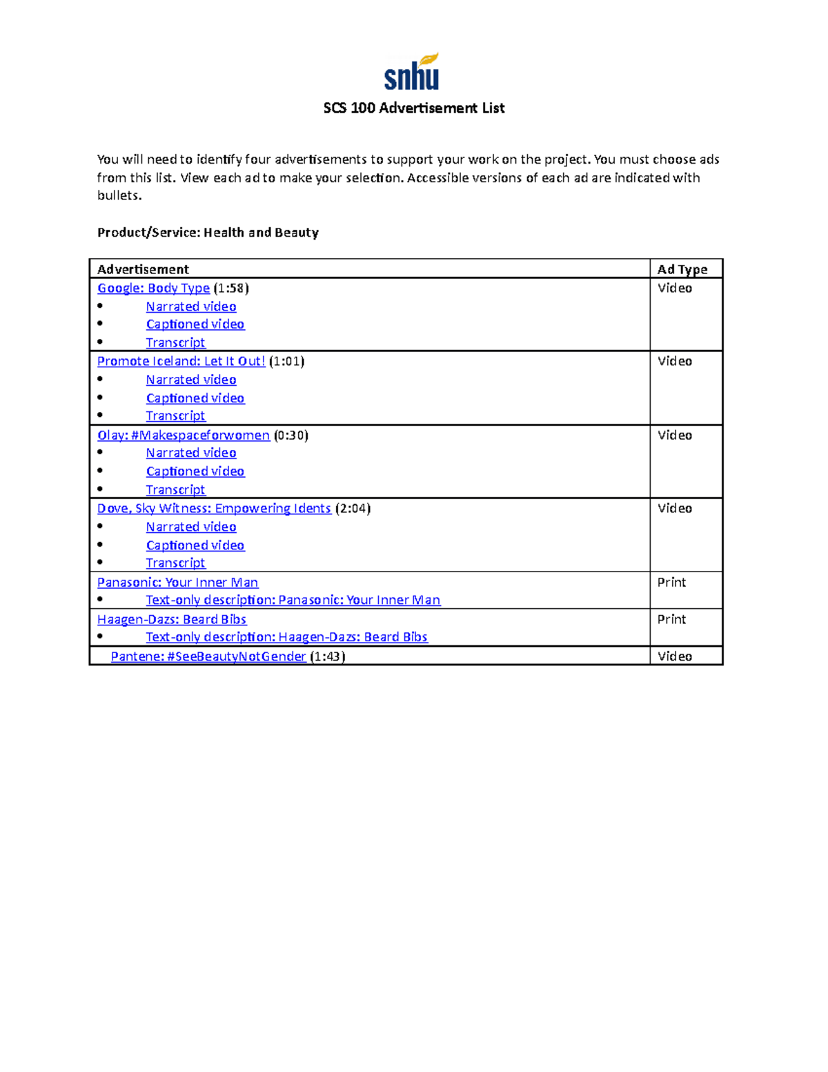 SCS 100 Project Advertisement List 3 - SCS 100 Advertisement List You ...