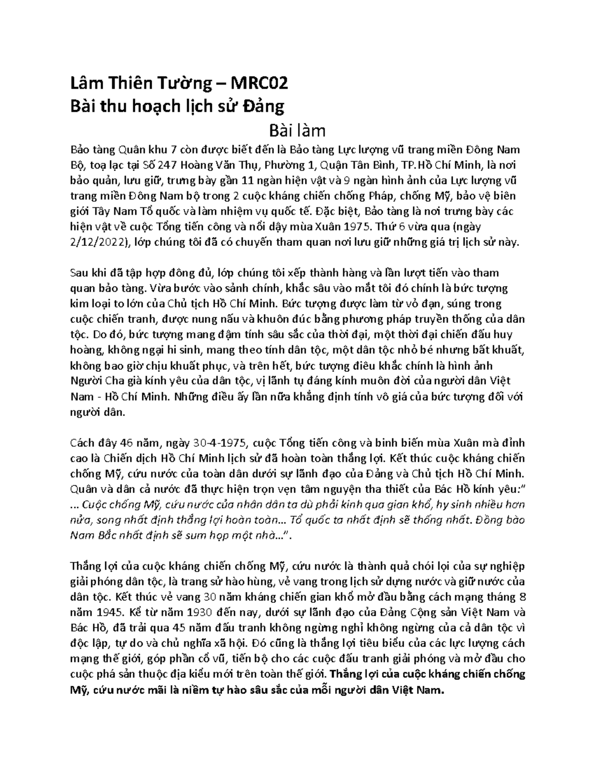 Thu hoạch Lịch Sử Đảng - Lâm Thiên Tường – MRC Bài thu hoạch lịch sử ...