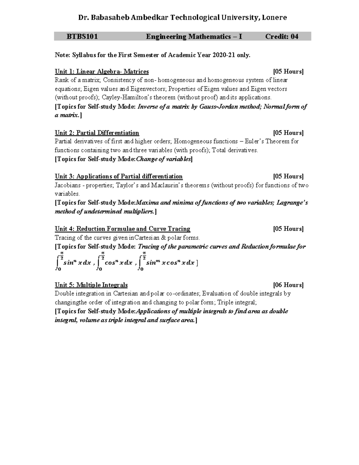 First Year Syllabus for AY 2020 21 only - BTBS101 Engineering ...