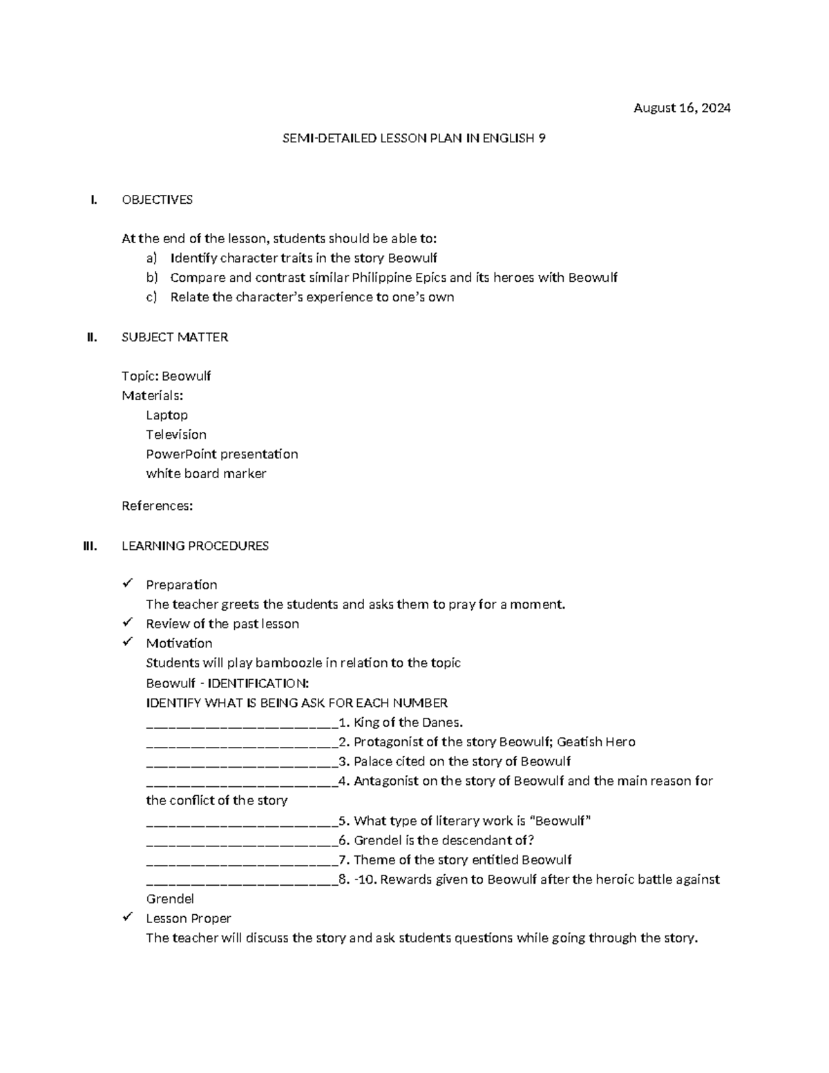 LESSON PLAN Oslea Grade 9 beowulf - August 16, 2024 SEMI-DETAILED ...