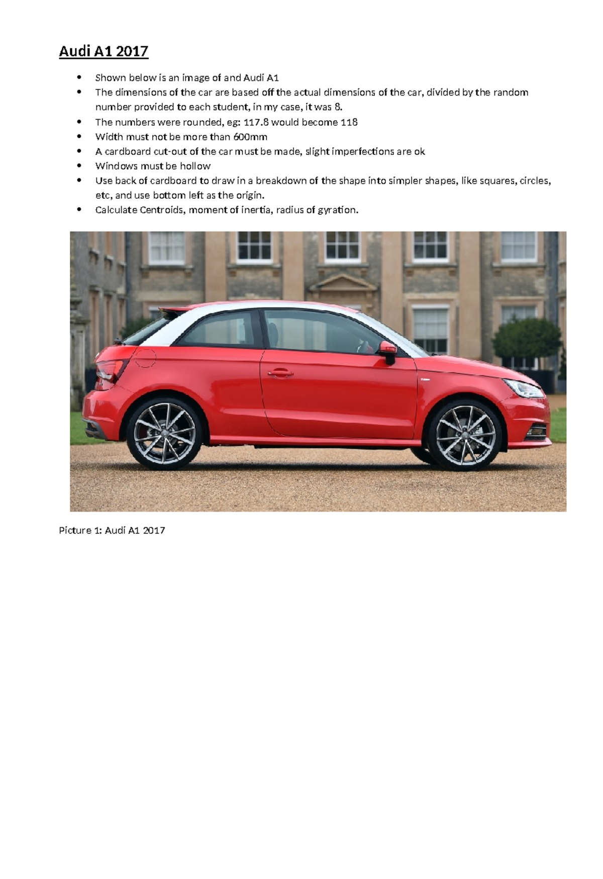 Cardboard Project - Audi A1 2017 Shown below is an image of and Audi A ...