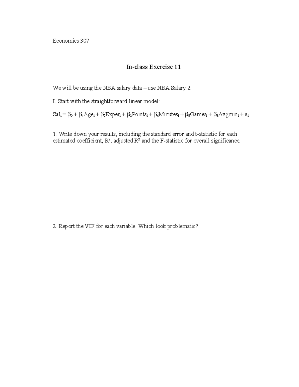 Econ 307 Ex 11 Econometrics Practice Economics 307 In Class Exercise 11 We Will Be Using