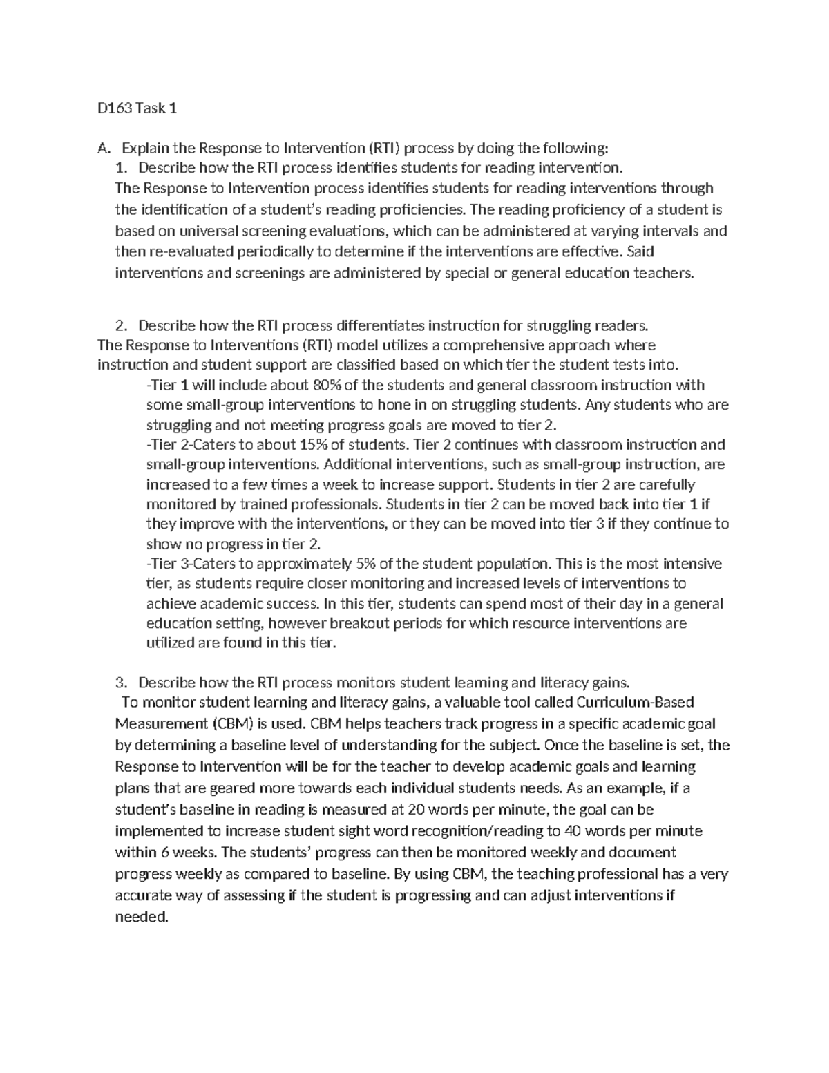 D163 Task 1 - Passes - D163 Task 1 A. Explain the Response to ...