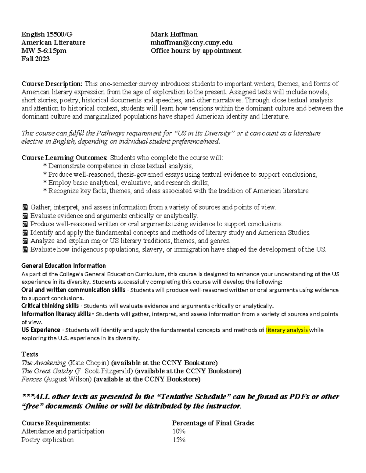 Amerian Lit English 15500 G Syllabus fall 2023 - English 15500/G Mark ...