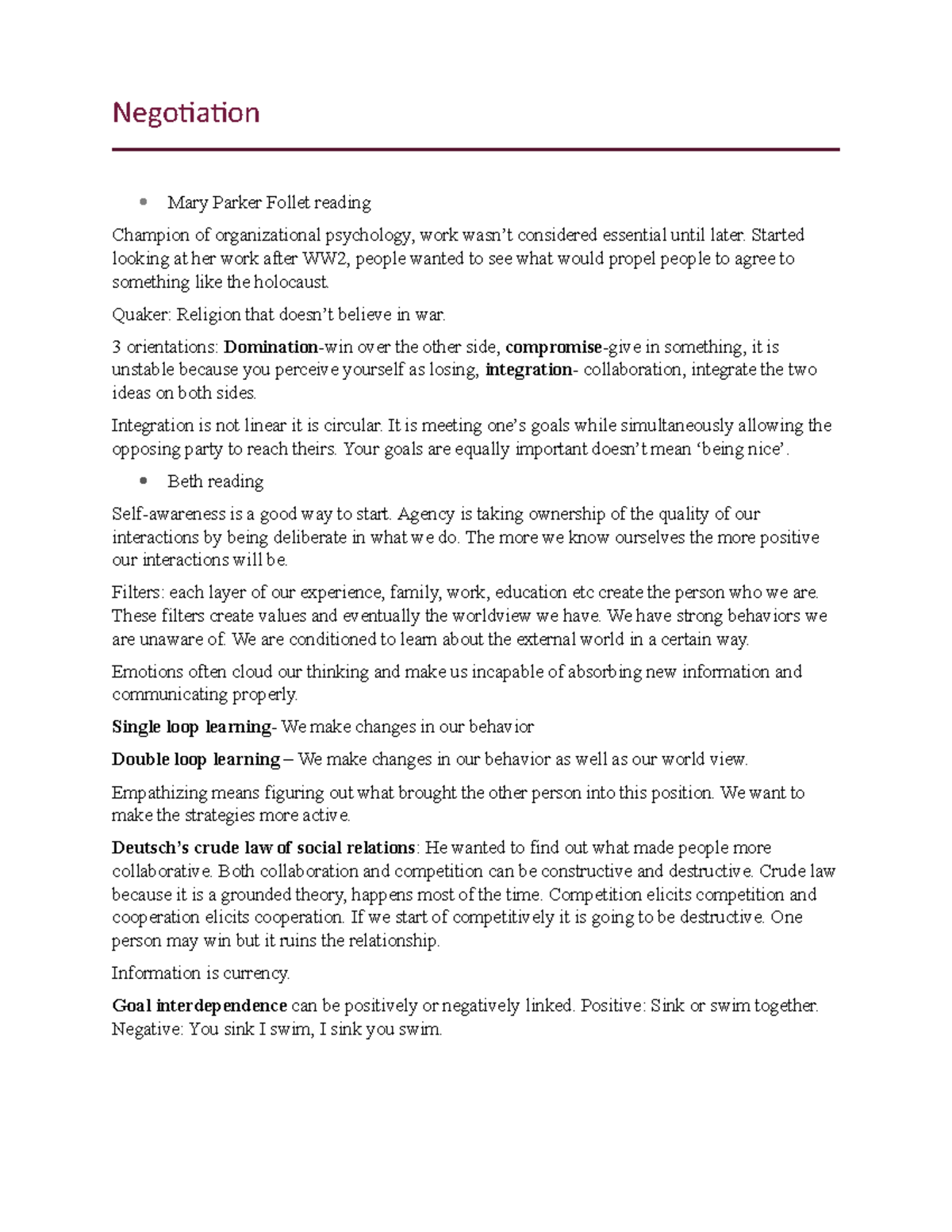 Negotiation - Lecture notes 1-14 - Negotiation Mary Parker Follet ...