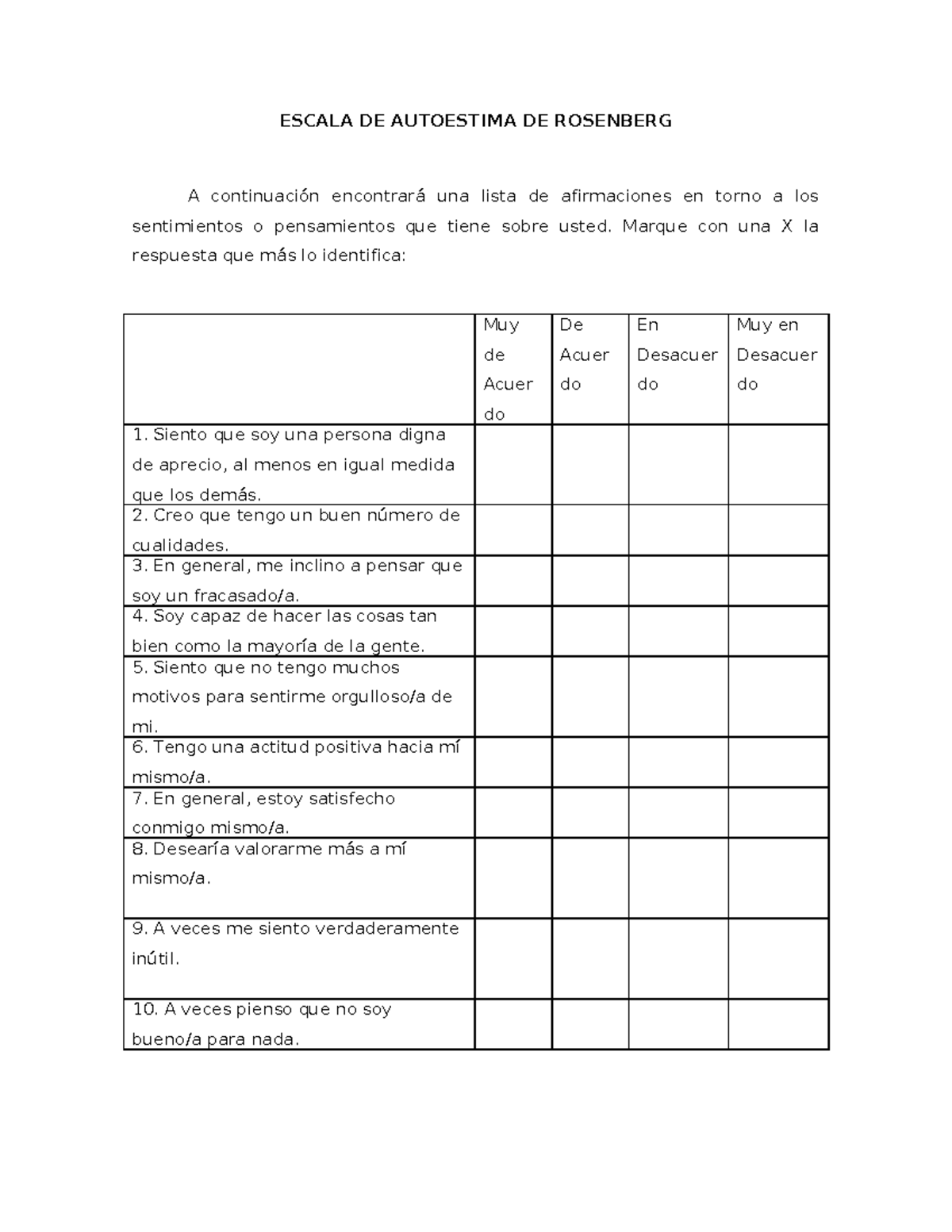 36650784 Escala de Autoestima de Rosenberg - ESCALA DE AUTOESTIMA DE ...