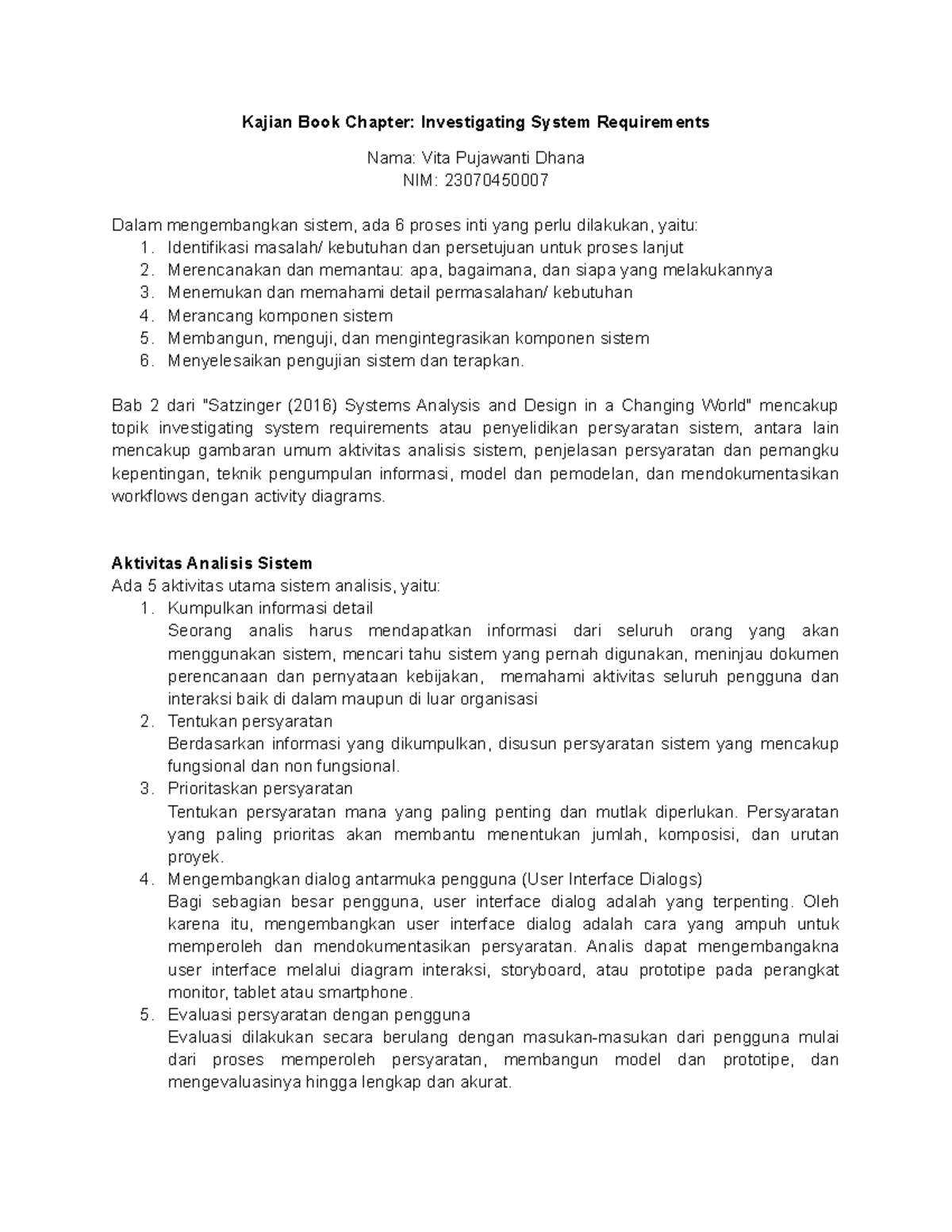 Tugas Kajian Book Chapter - Kajian Book Chapter: Investigating System Requirements Nama: Vita ...