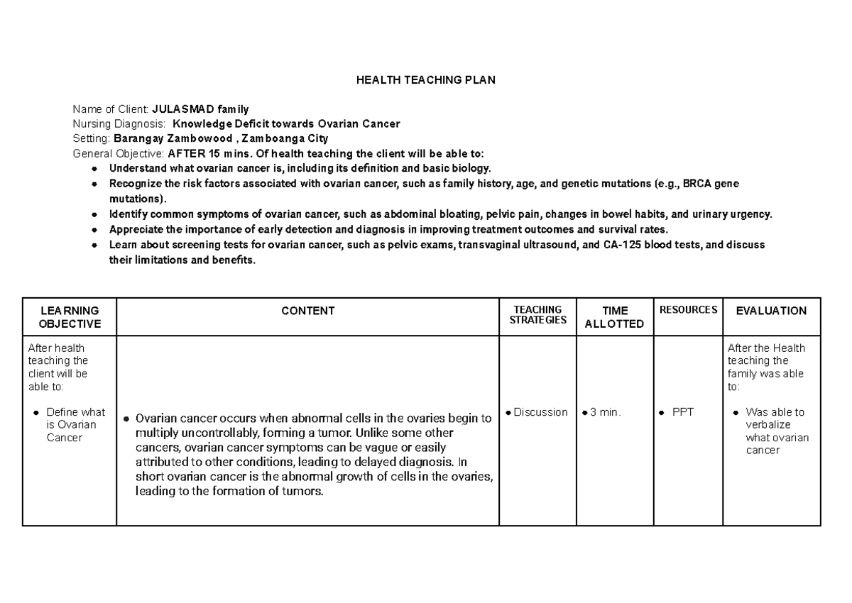Health Teaching PLAN - HEALTH TEACHING PLAN Name of Client: JULASMAD ...
