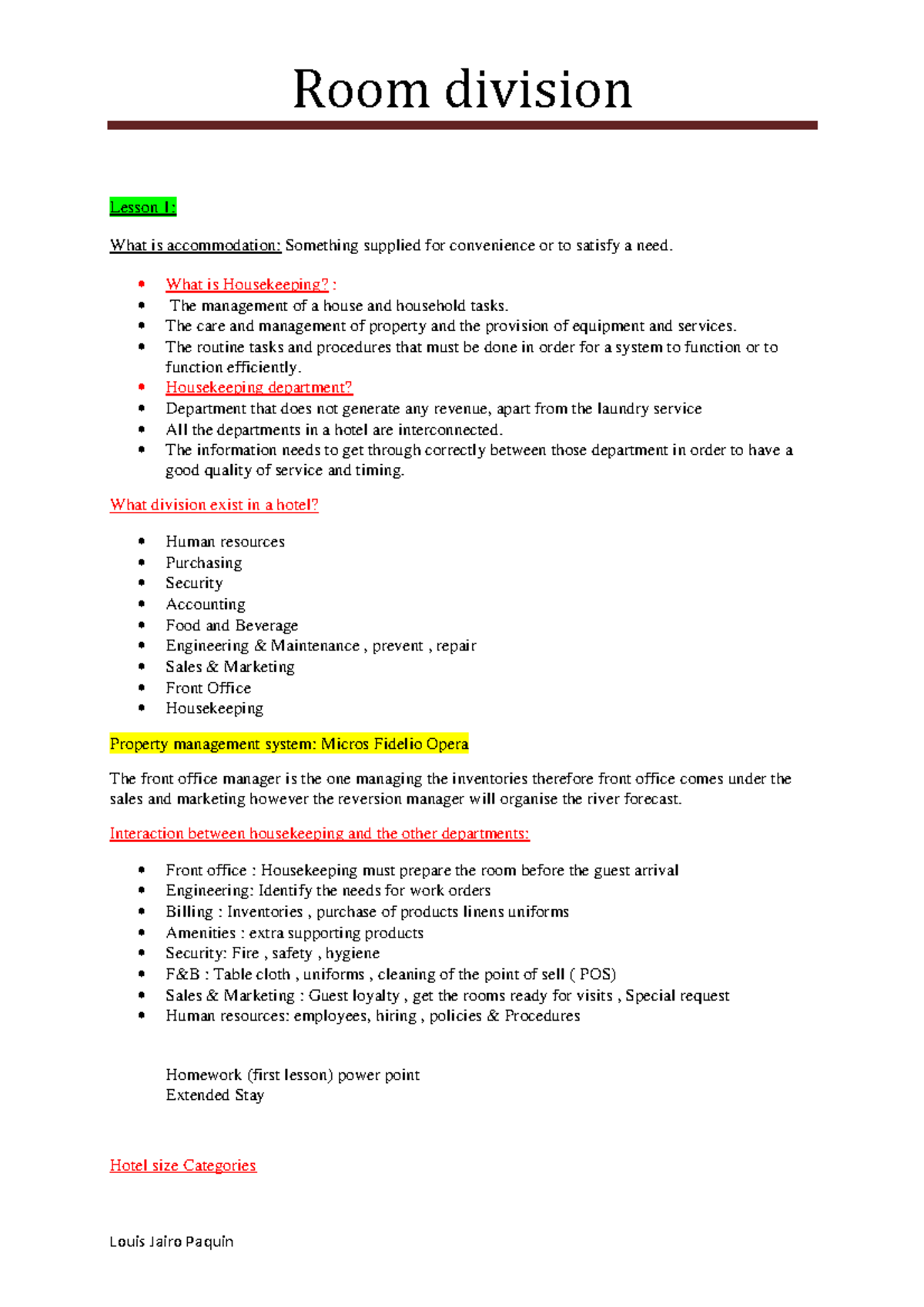 Room Division - Lesson 1 Resume - Lesson 1: What is accommodation ...