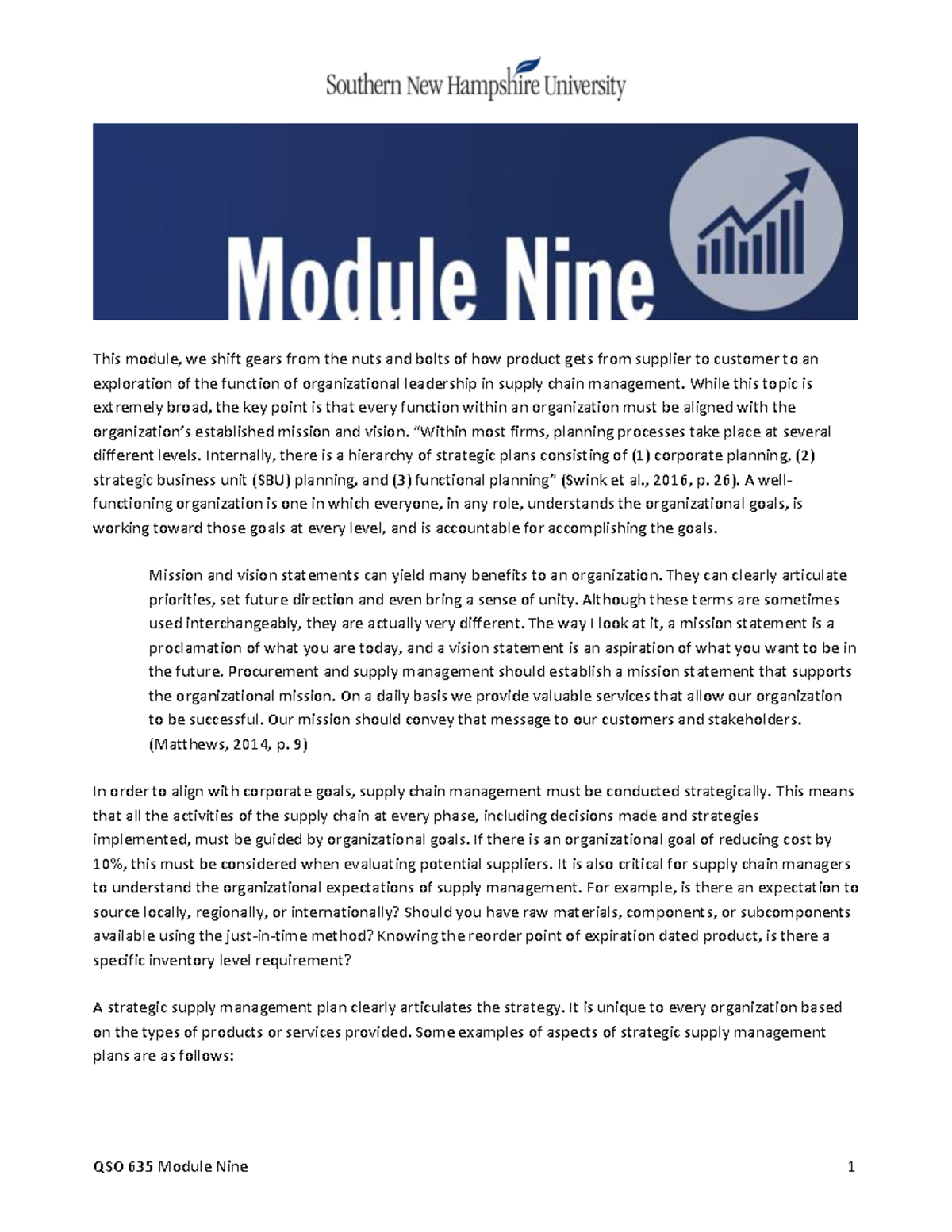 Qso635 m9 overview - Lecture Notes Module 9 - This module, we shift ...