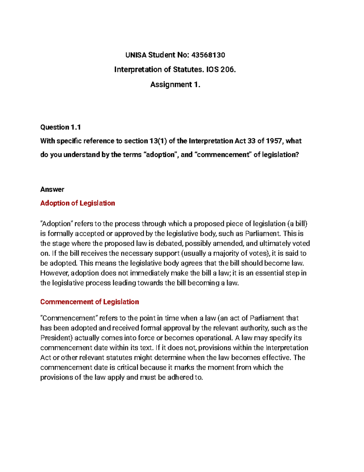 Assignment 1, Interpretation of Statutes. IOS 206 - UNISA Student No ...