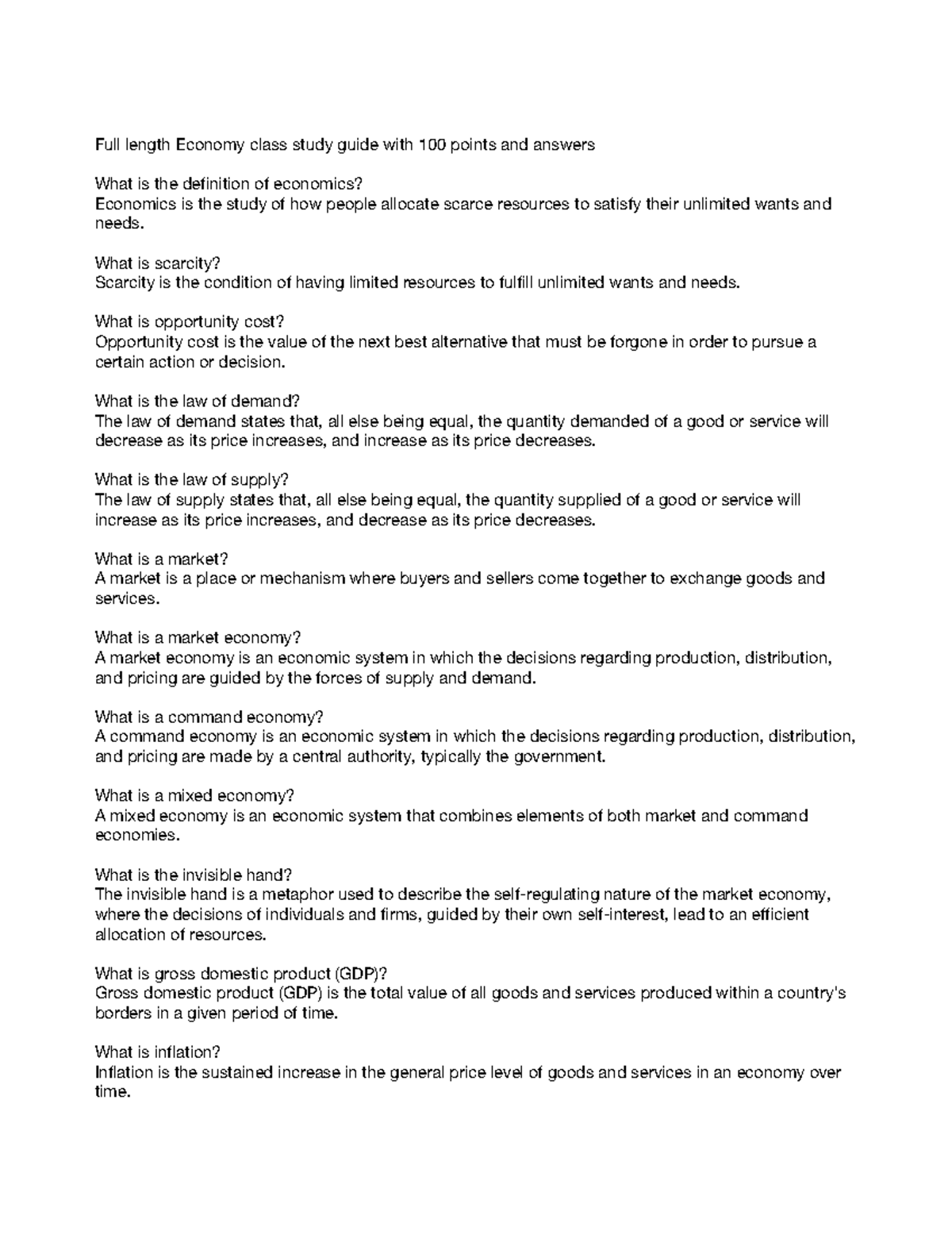 Economy Study guide 1-100 - Full length Economy class study guide with ...