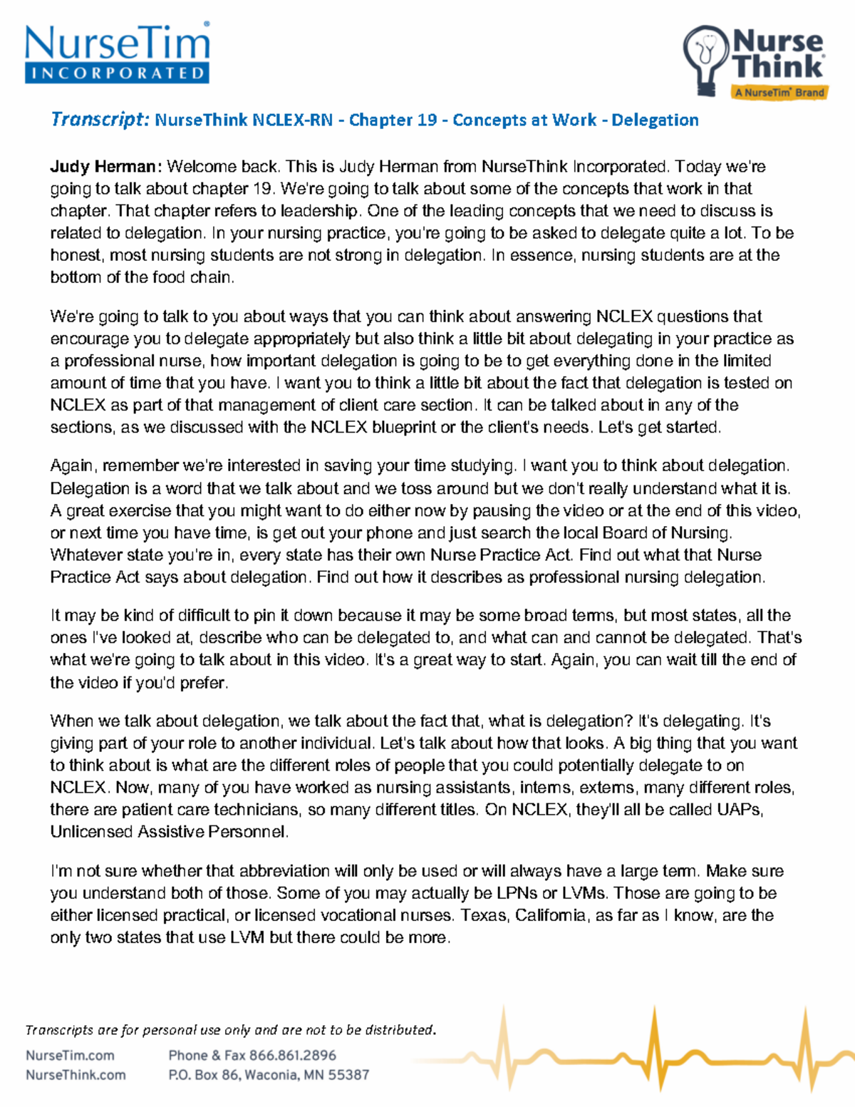 Nurse Think Nclex-RN - Chapter 19 - Concepts at Work - Delegation ...