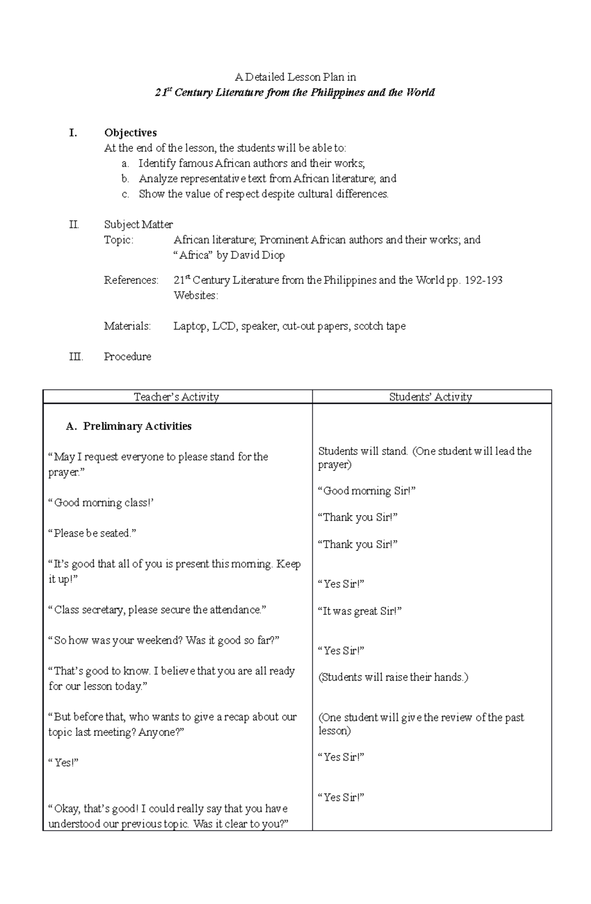 Detailed Lesson Plan in 21st Century Literature - Objectives At the end ...