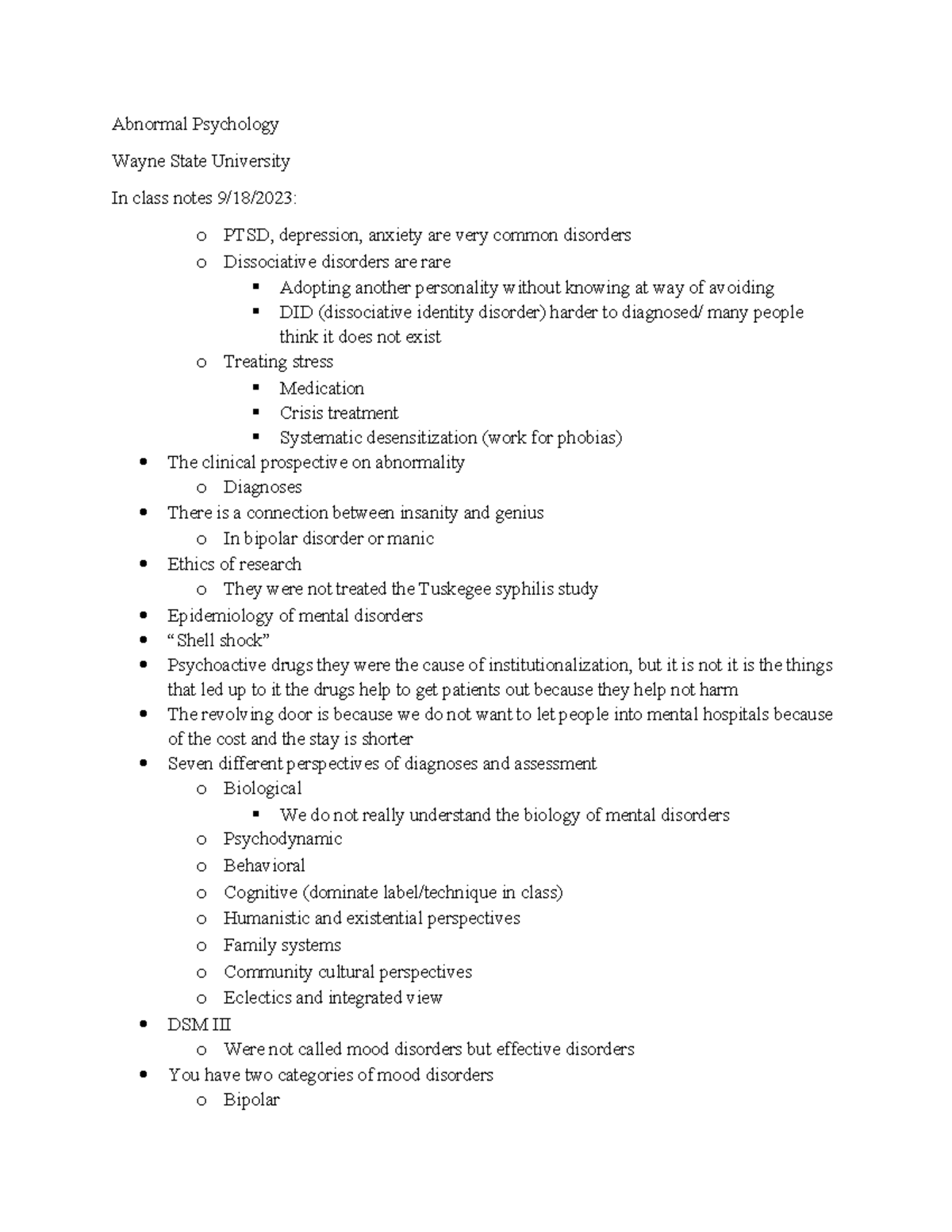 Abnormal Psychology In Class Notes - Abnormal Psychology Wayne State ...