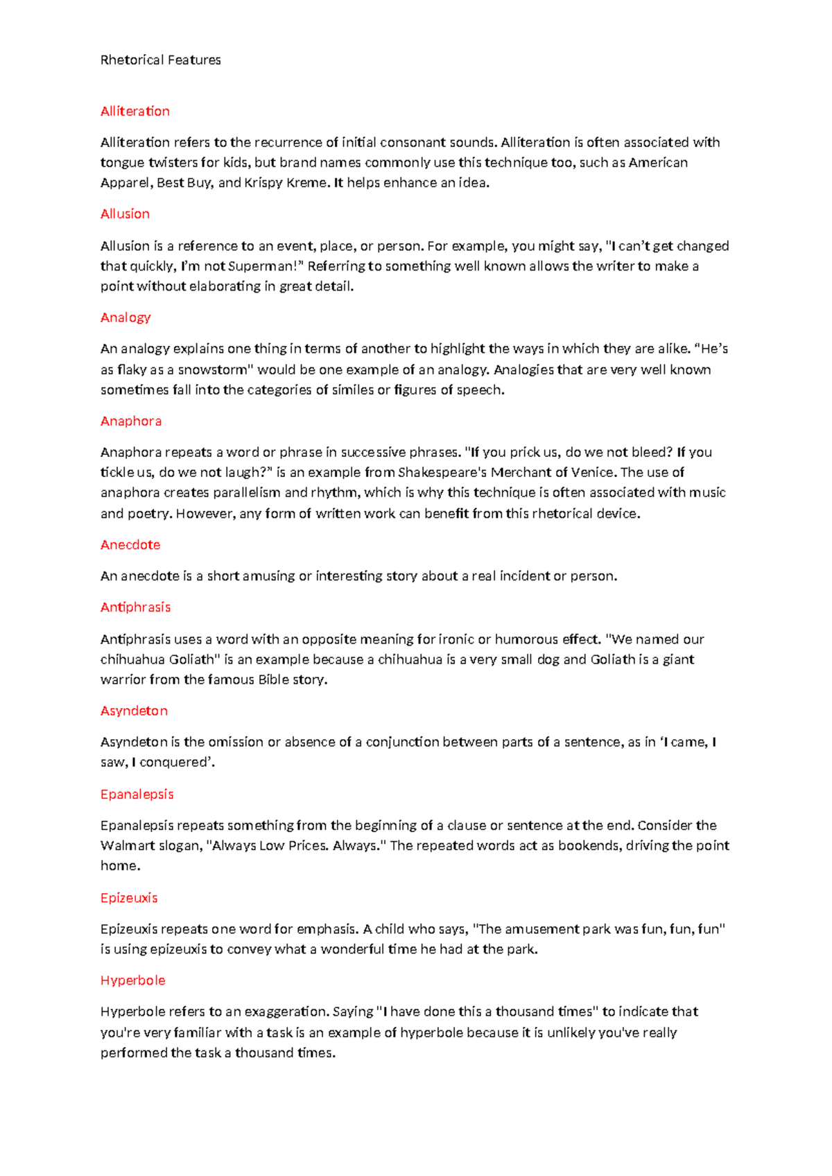 Rhetorical features - Definitions - Rhetorical Features Alliteration ...