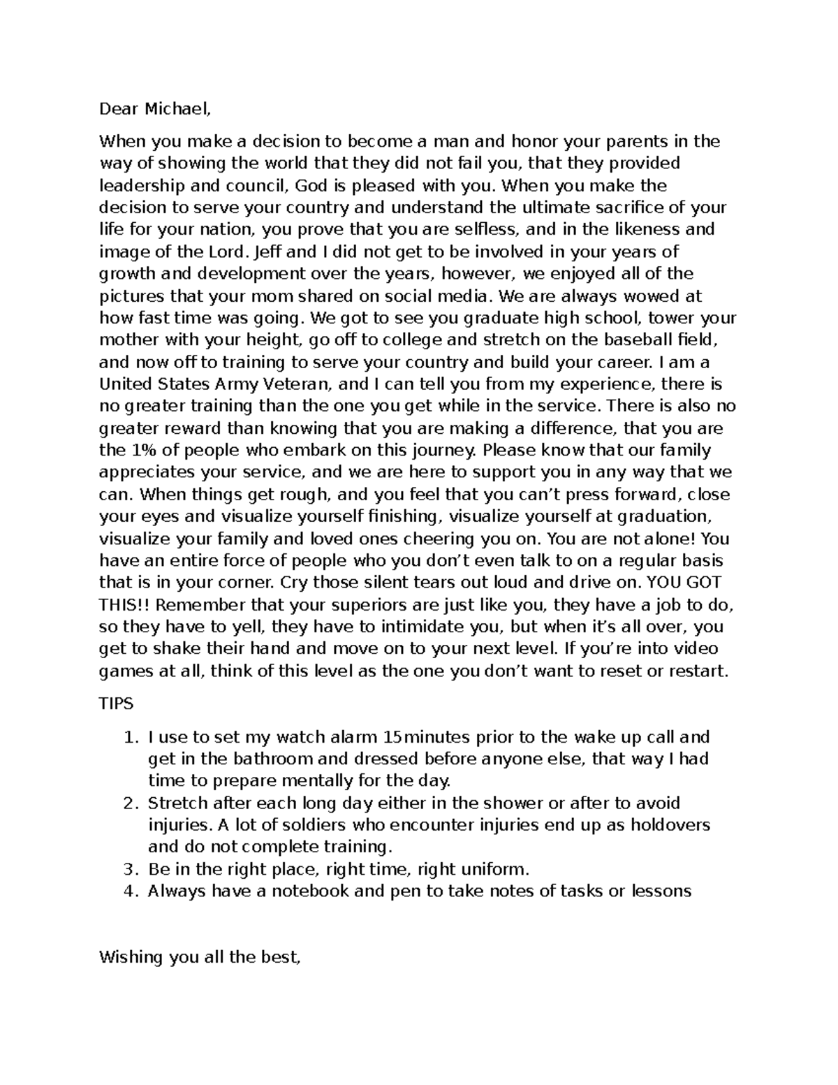 Michaels Letter - Dear Michael, When you make a decision to become a man and honor your parents ...