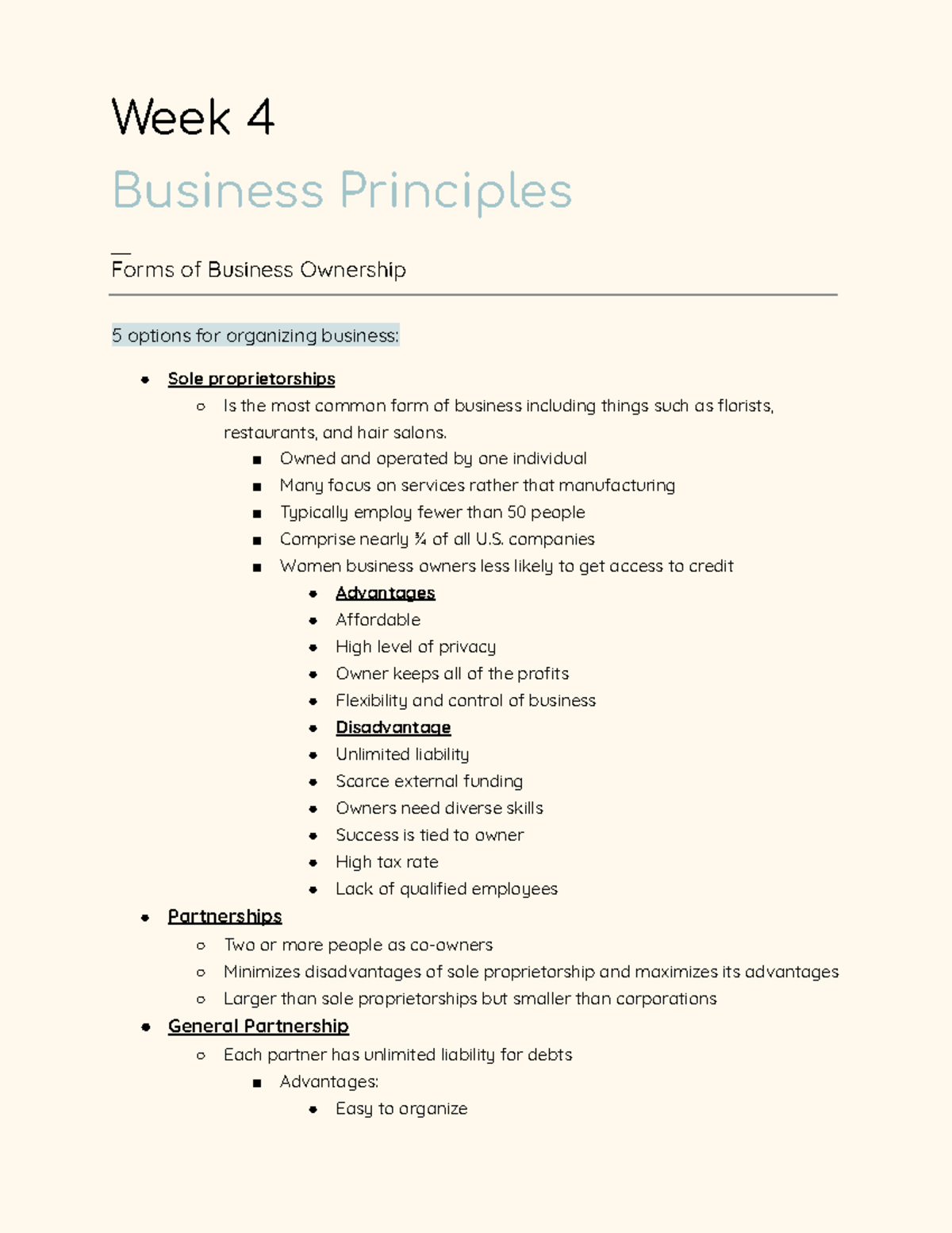 Week 4 - Goes over different business ownerships. - Week 4 Business ...