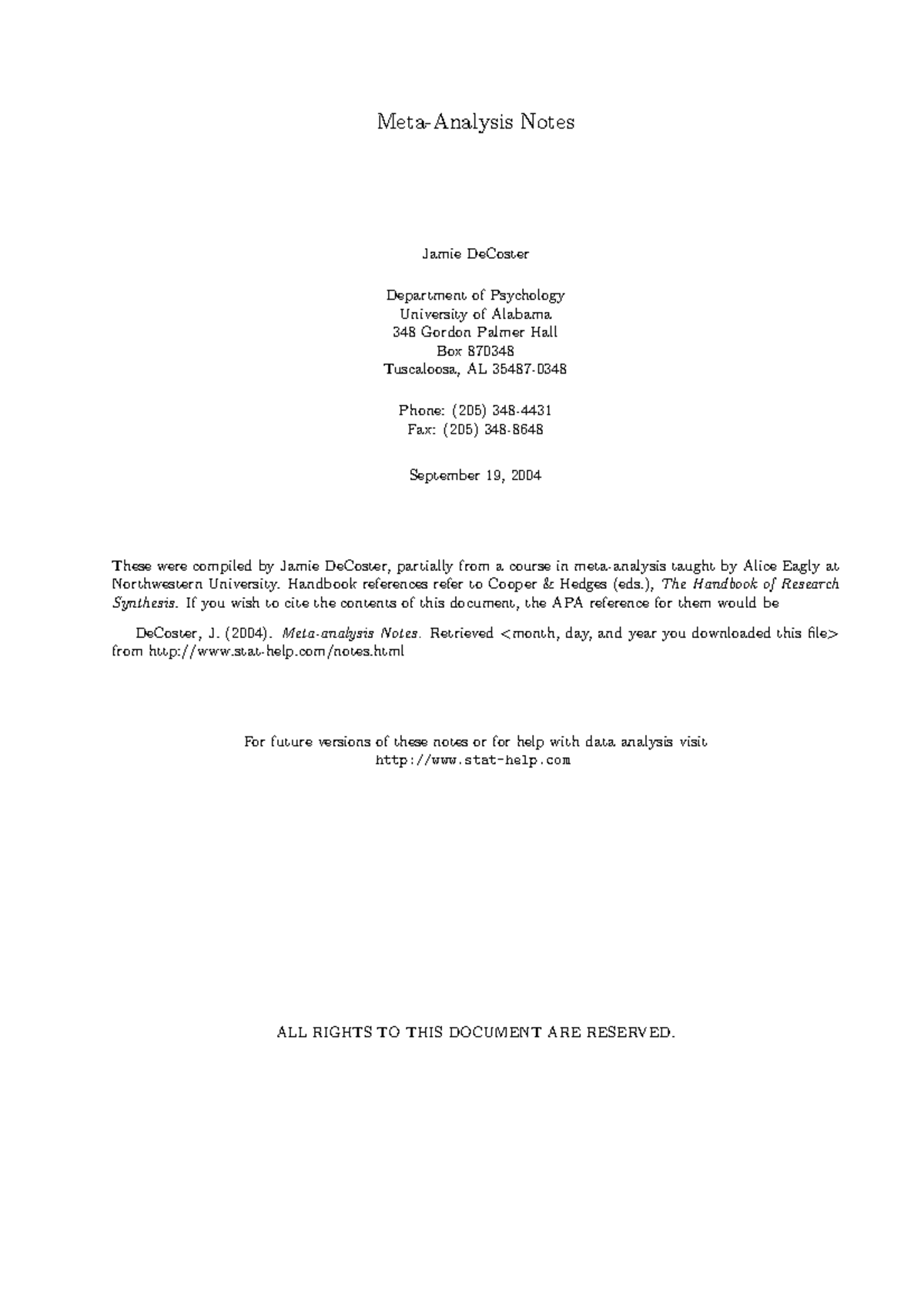 Meta notes - Metaanalisis - Meta-Analysis Notes Jamie DeCoster ...