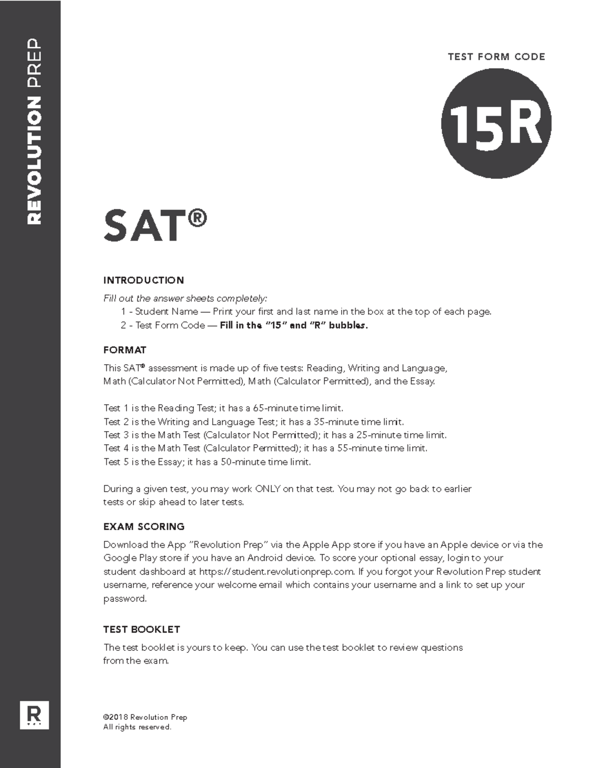Sat-15r - jbjb - SAT ® INTRODUCTION Fill out the answer sheets ...