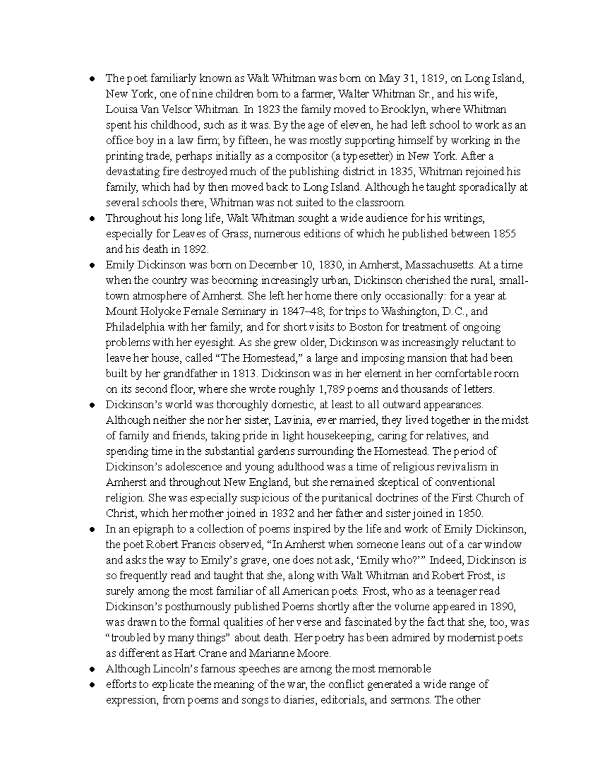Biographies of Walt Whitman and Emily Dickinson - Studocu