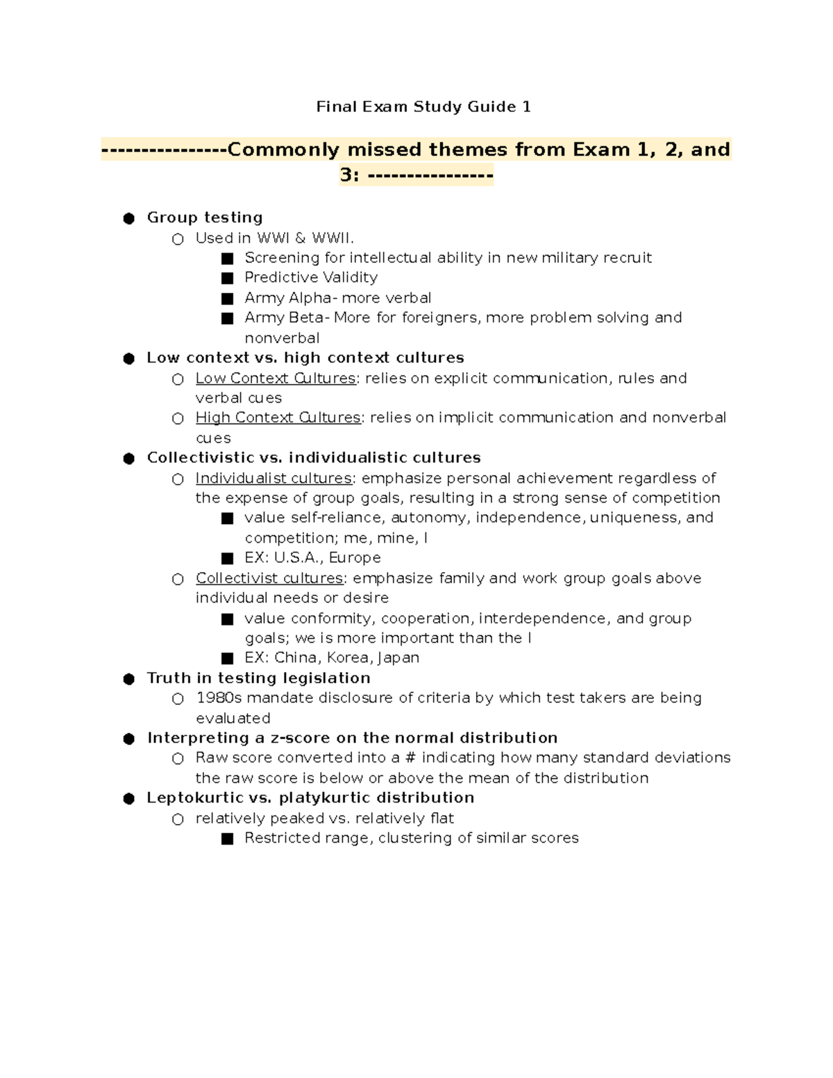 Psych Tests Final Exam Study Guide - Final Exam Study Guide 1 -Commonly ...