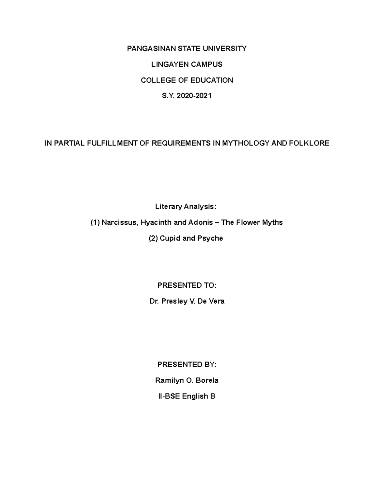 Borela-ramilyn-o - Literary Analysis - BS. education - PangSU - Studocu